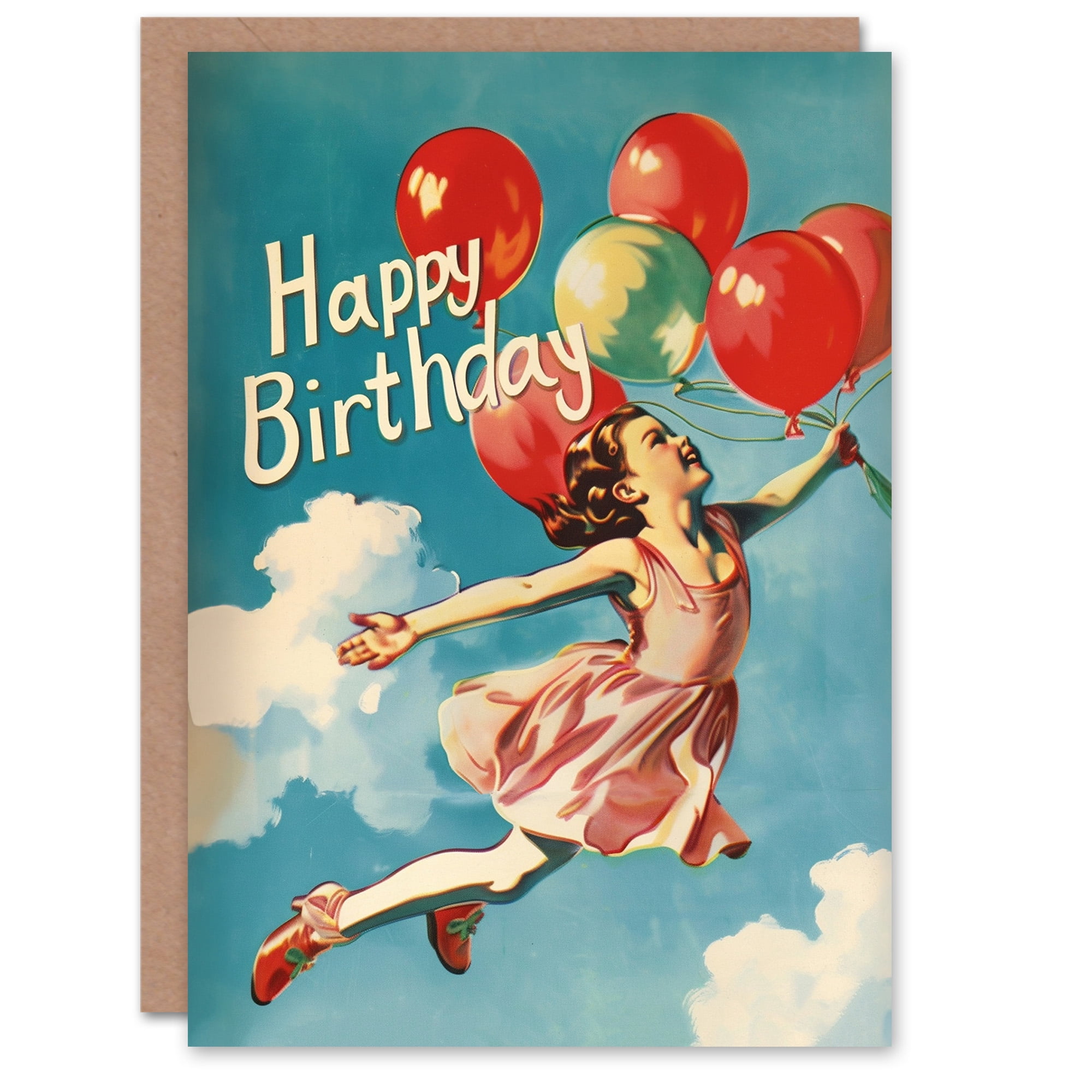 Artery8 Birthday Card Happy Flying Balloon Girl Retro Painting For Her ...