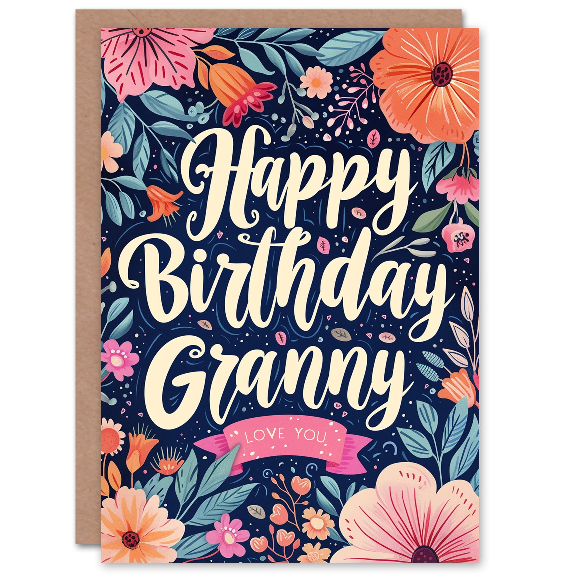 Artery8 Birthday Card Love You Granny Floral Pink Orange Blue Design ...