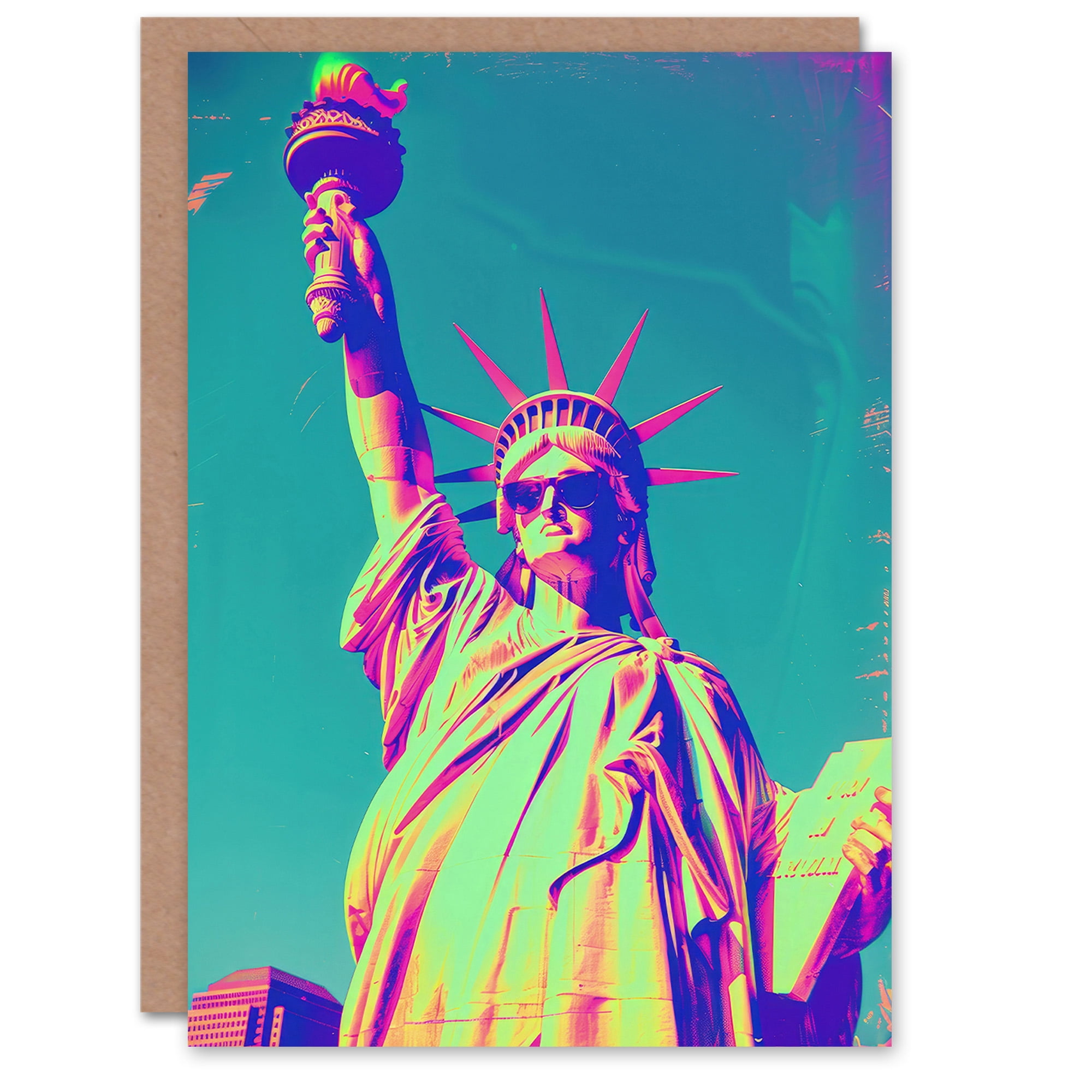Artery8 Birthday Card Neon Statue of Liberty Sunglasses Funky For Him ...
