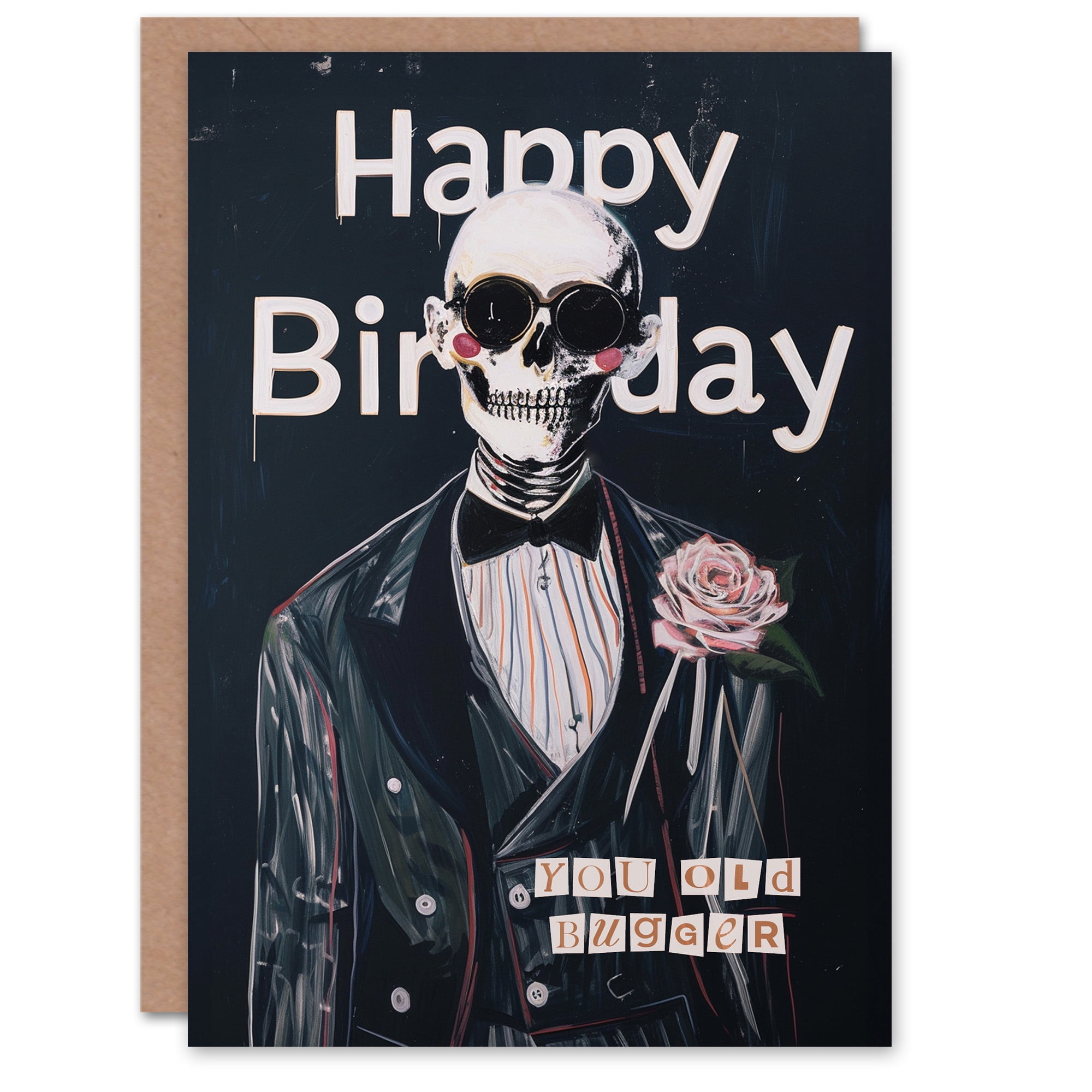 Artery8 Birthday Card Old Bugger Tuxedo Suit Rose Skeleton Age For ...