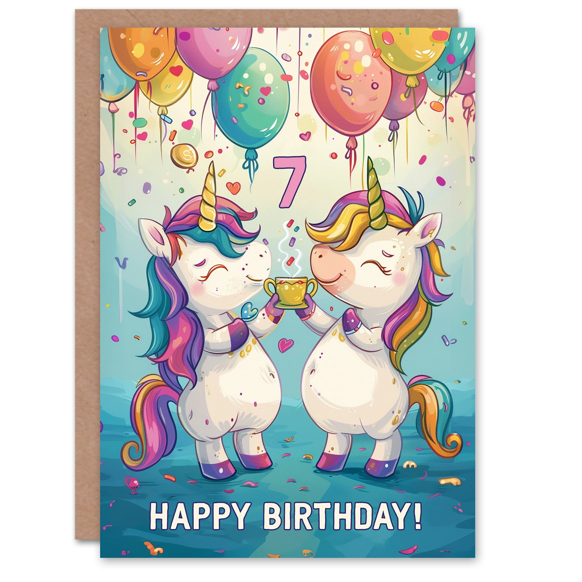Artery8 Birthday Card Rainbow Unicorn Party Balloons Cartoon Cute 7th 7 ...