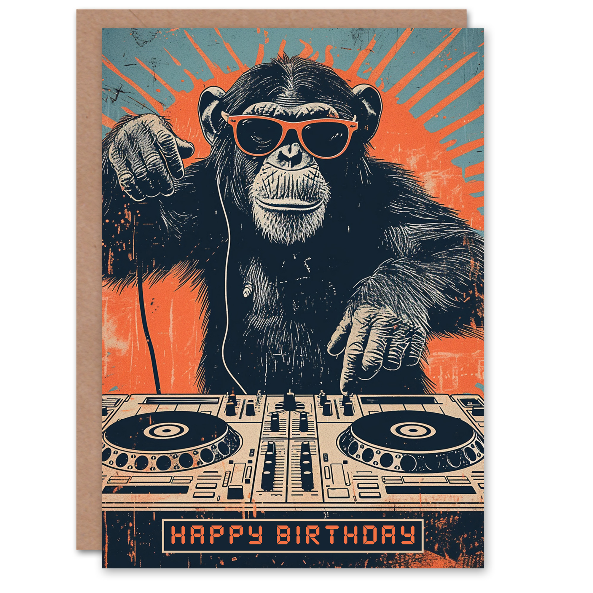 Artery8 Birthday Card Retro DJ Chimp Sunglasses Ape Decks For Him Man ...