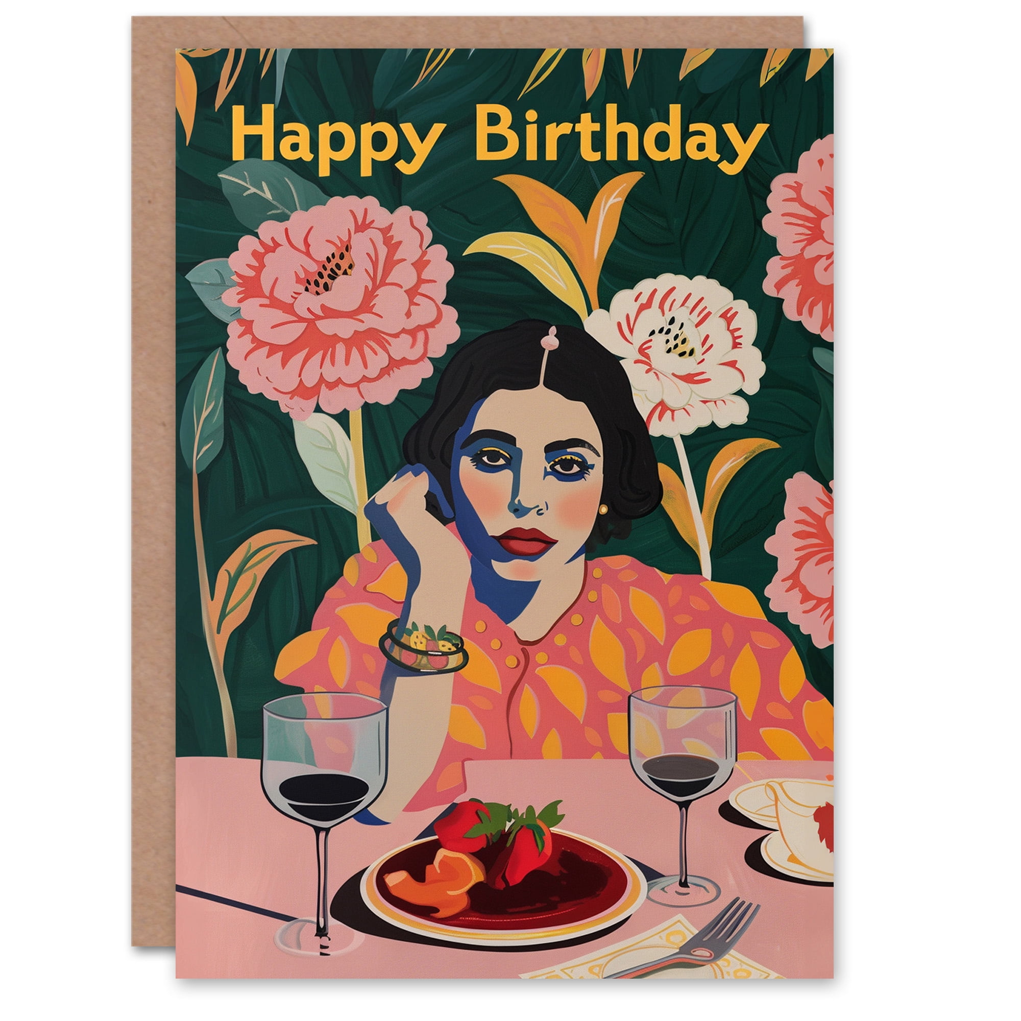 Artery8 Birthday Card Serious Girl Dinner Party Drinks Floral Portrait ...