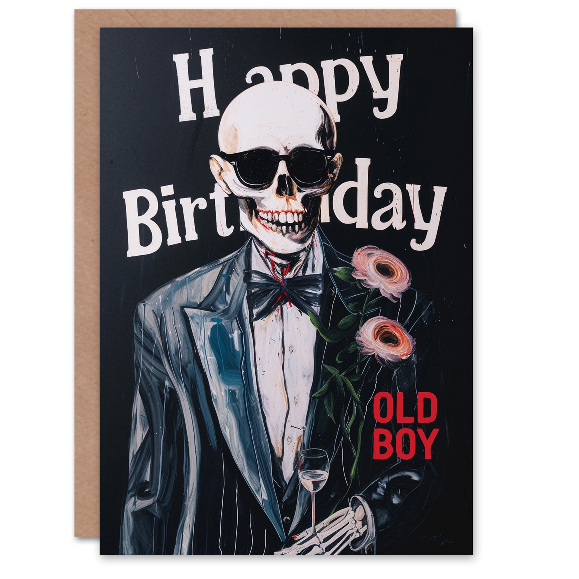 Artery8 Birthday Card Skeleton Skull Tuxedo Fun Old Boy Painting For ...