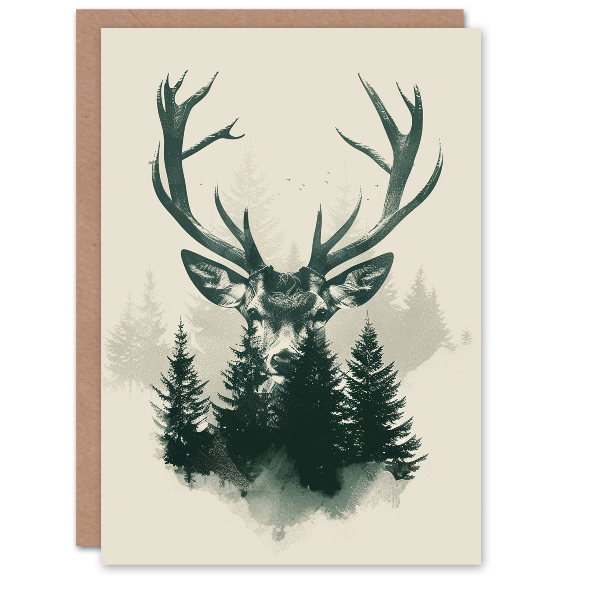 Artery8 Birthday Card Stag Head in Trees Forest Woodland Abstract For ...