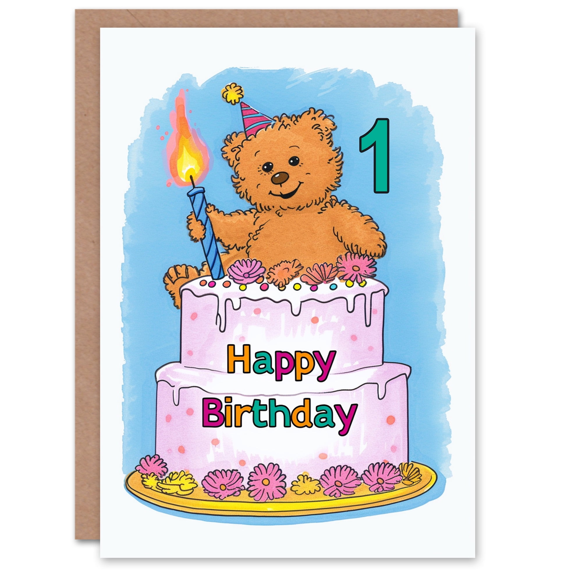 Artery8 Birthday Card Teddy Bear Cake Party Hat Cartoon Cute 1st First ...