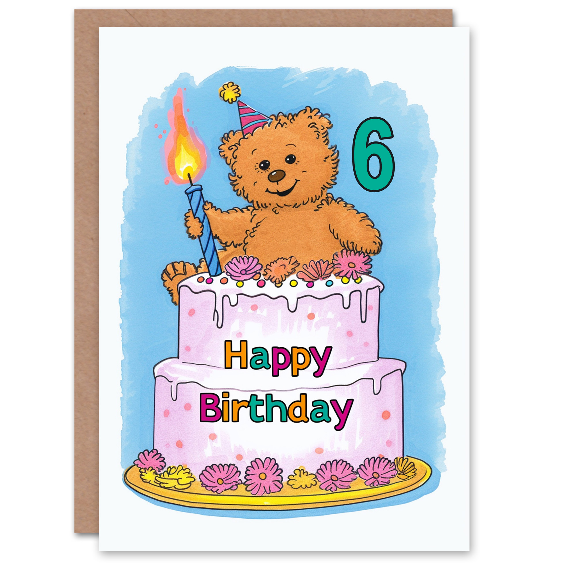 Artery8 Birthday Card Teddy Bear Cake Party Hat Cartoon Cute 6th 6 Year ...
