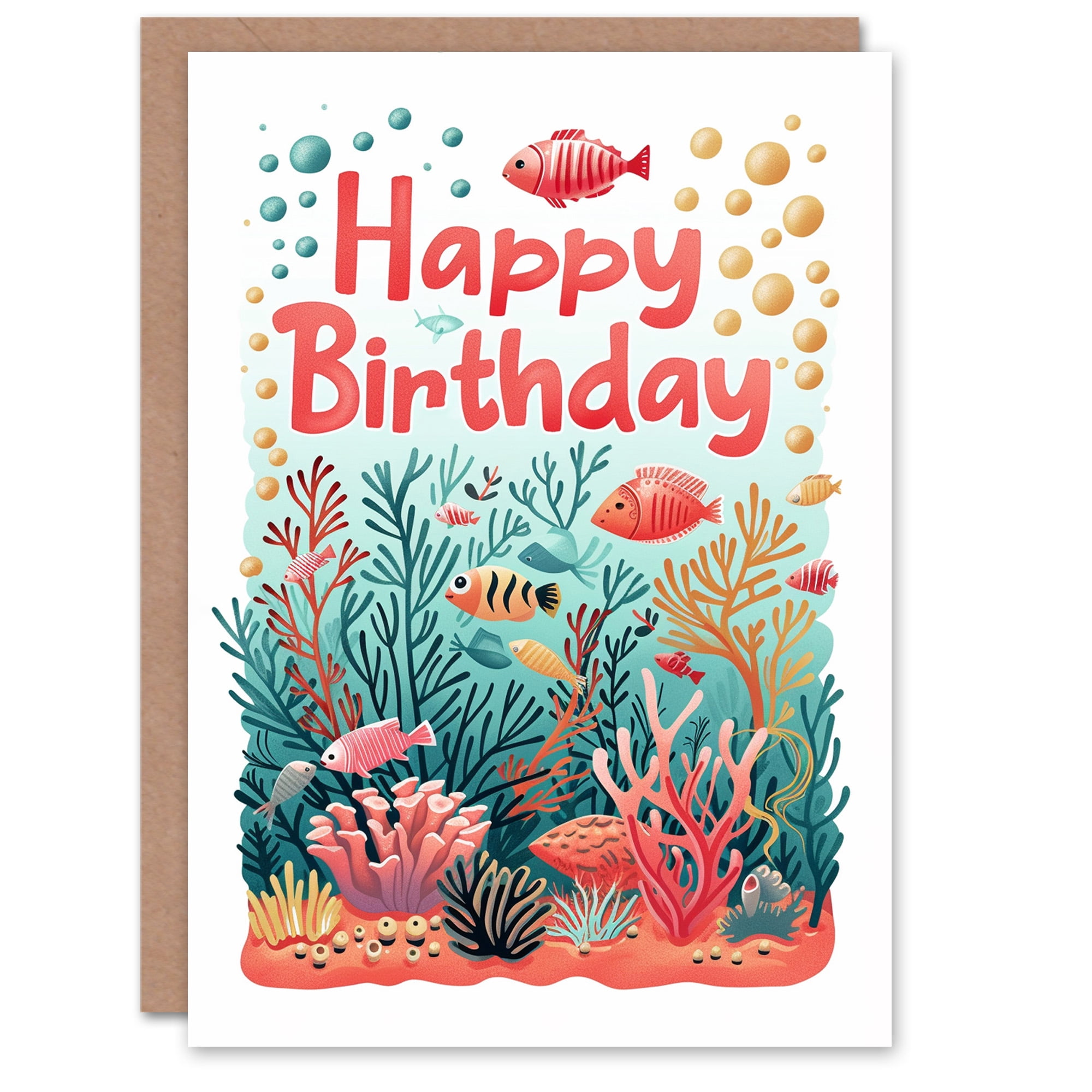 Artery8 Birthday Card Under the Sea Fish Coral Sealife Simple Fun For ...