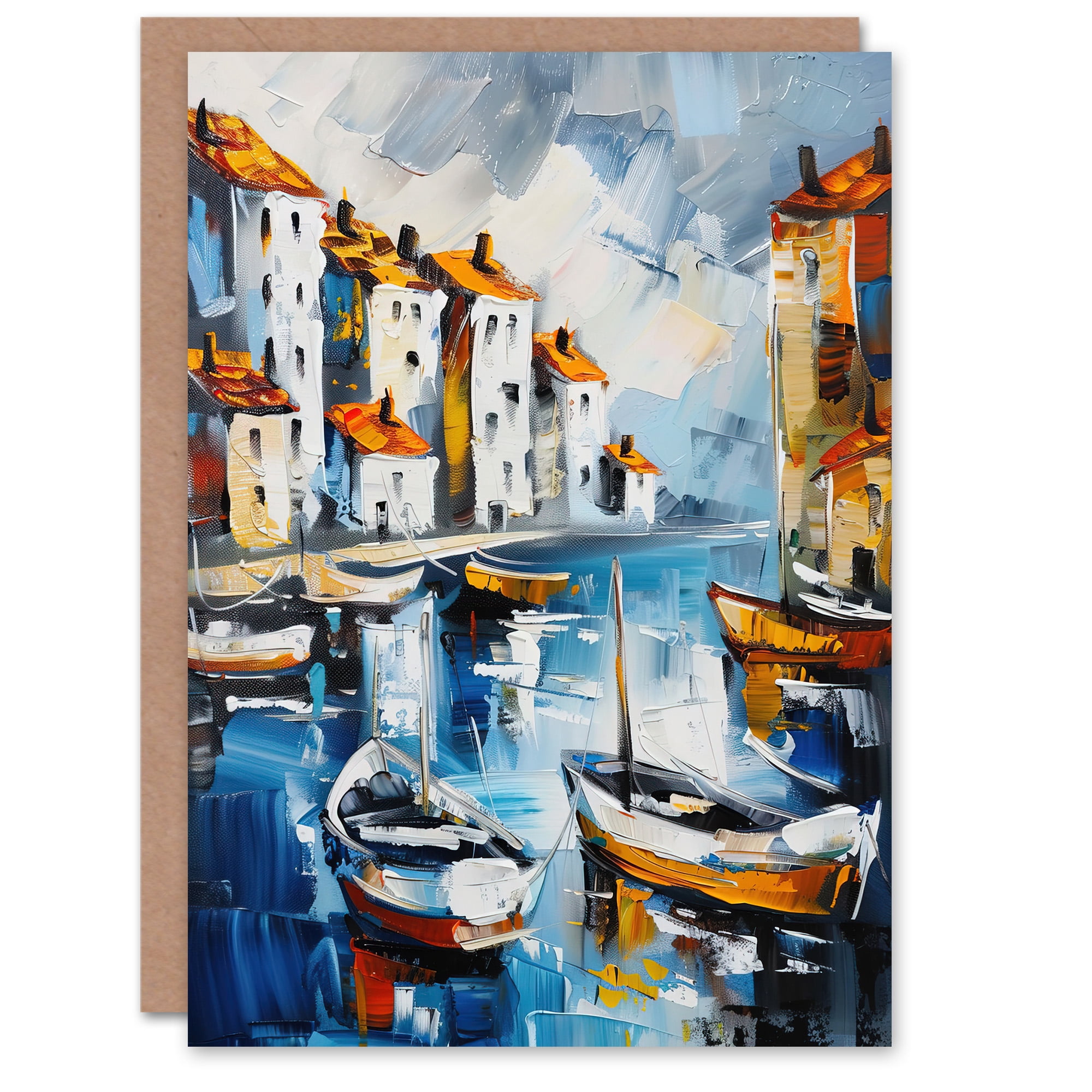 Artery8 Boats in Harbor Fishing Town Coastal Townscape Greeting ...