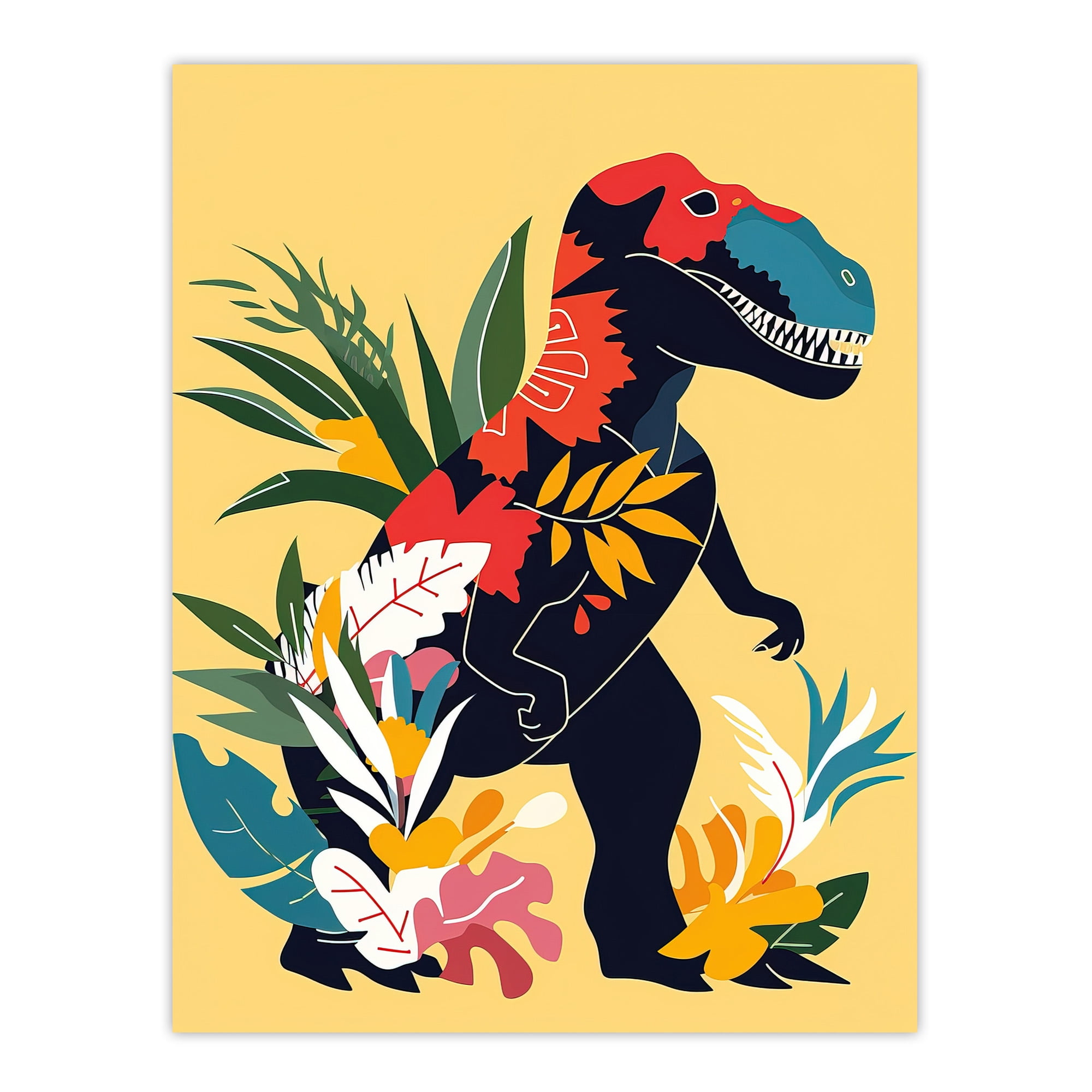 Artery8 Boho T Rex Dinosaur Plants Graphic Collage Living Room Unframed ...