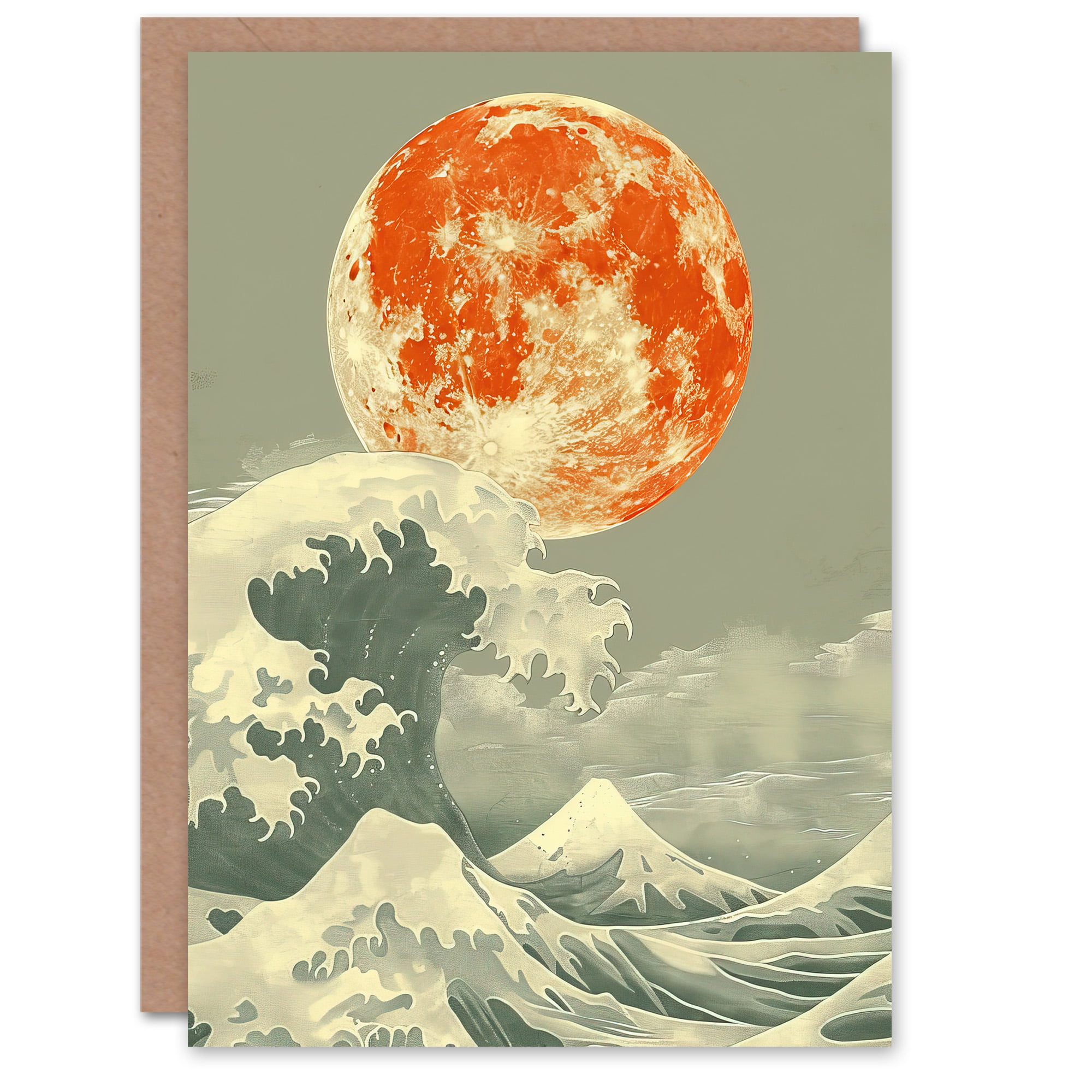 Artery8 Bright Orange Moon Over Ocean Waves Japanese Edo Greeting ...