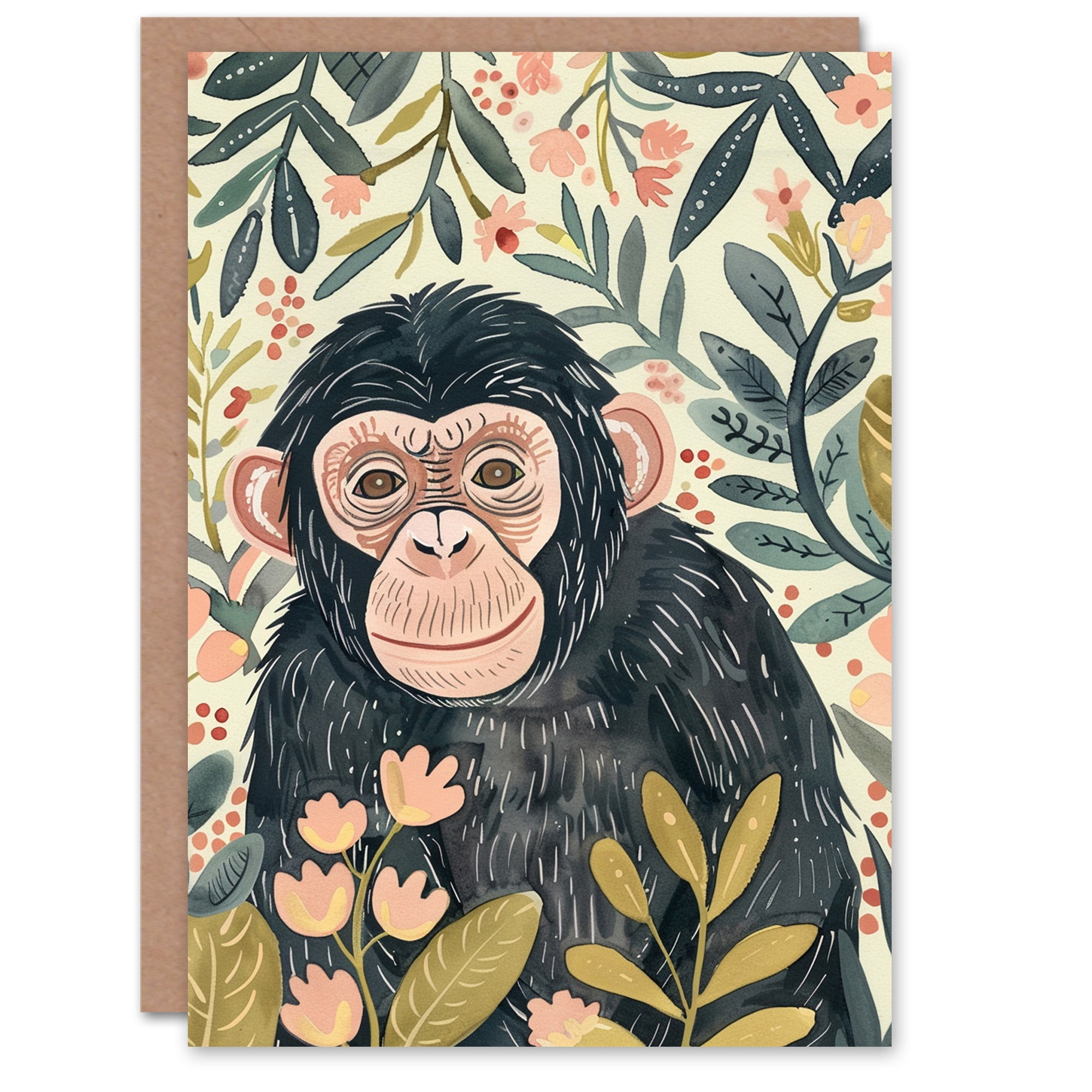 Artery8 Chimpanzee Ape Monkey With Pink Flowers Watercolour Blank For ...