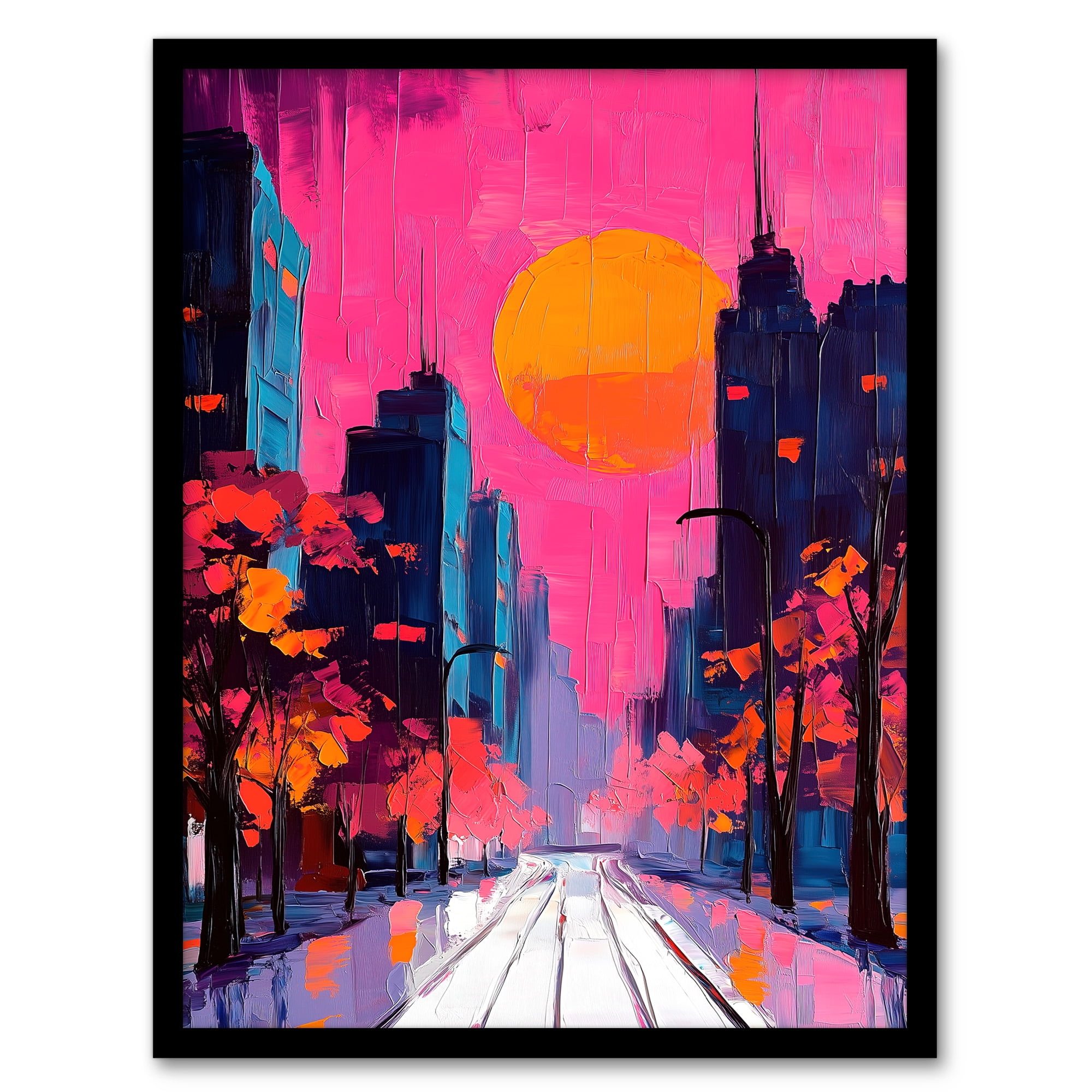 Artery8 City Street Autumn Pink Sunset Sky Cityscape Living Room Artwork Framed Wall Art Print ...
