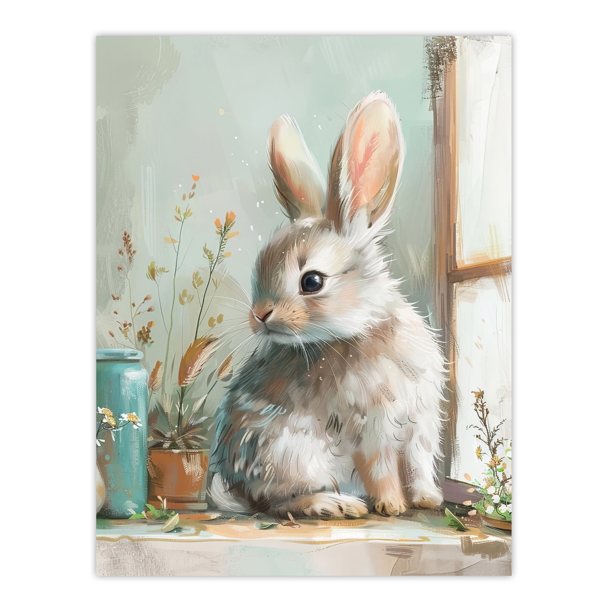 Artery8 Cute Bunny Rabbit on Window Sill Rustic Painting Living Room ...
