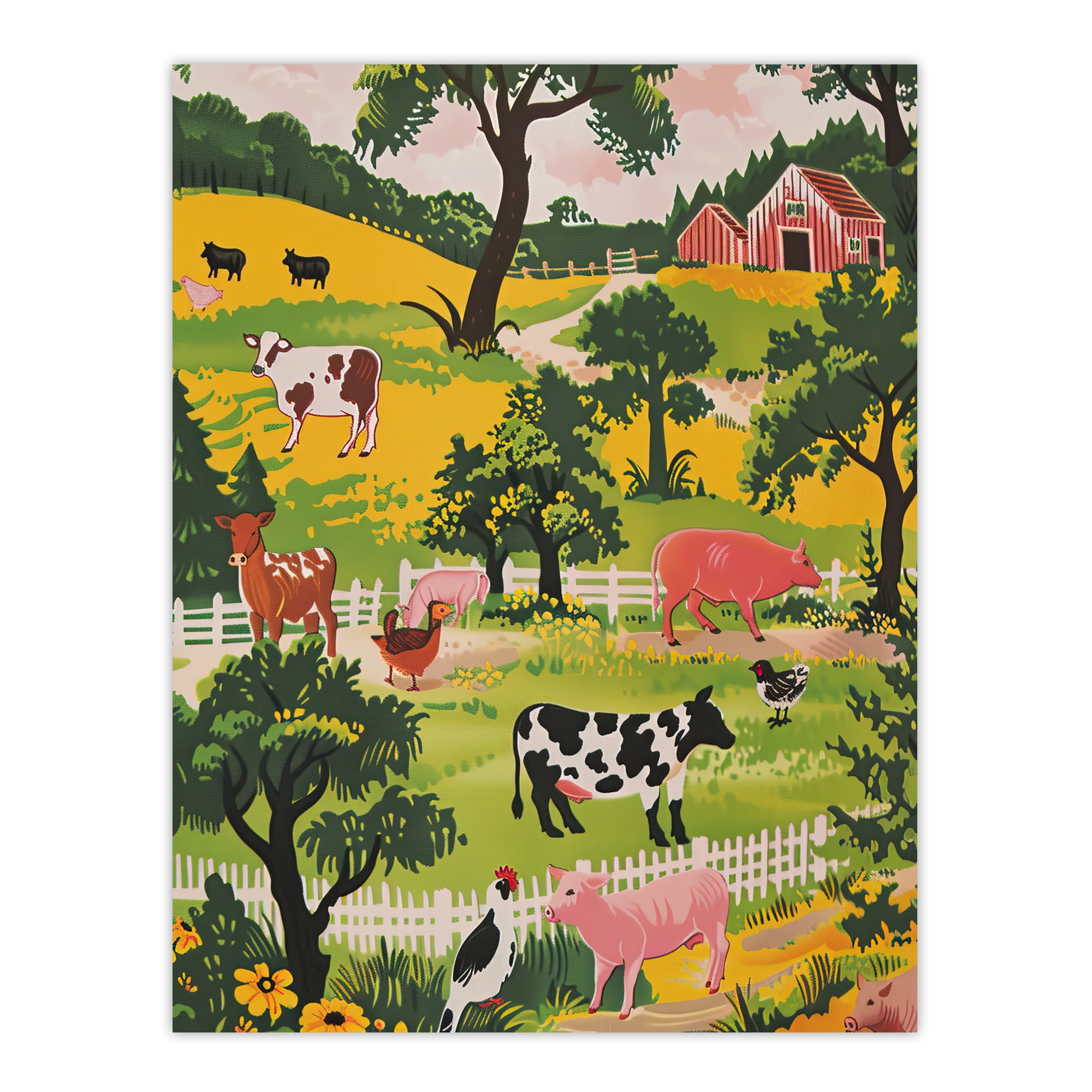 Artery8 Cute Farm Animals Cow Pig Chickens Painting Living Room Large ...