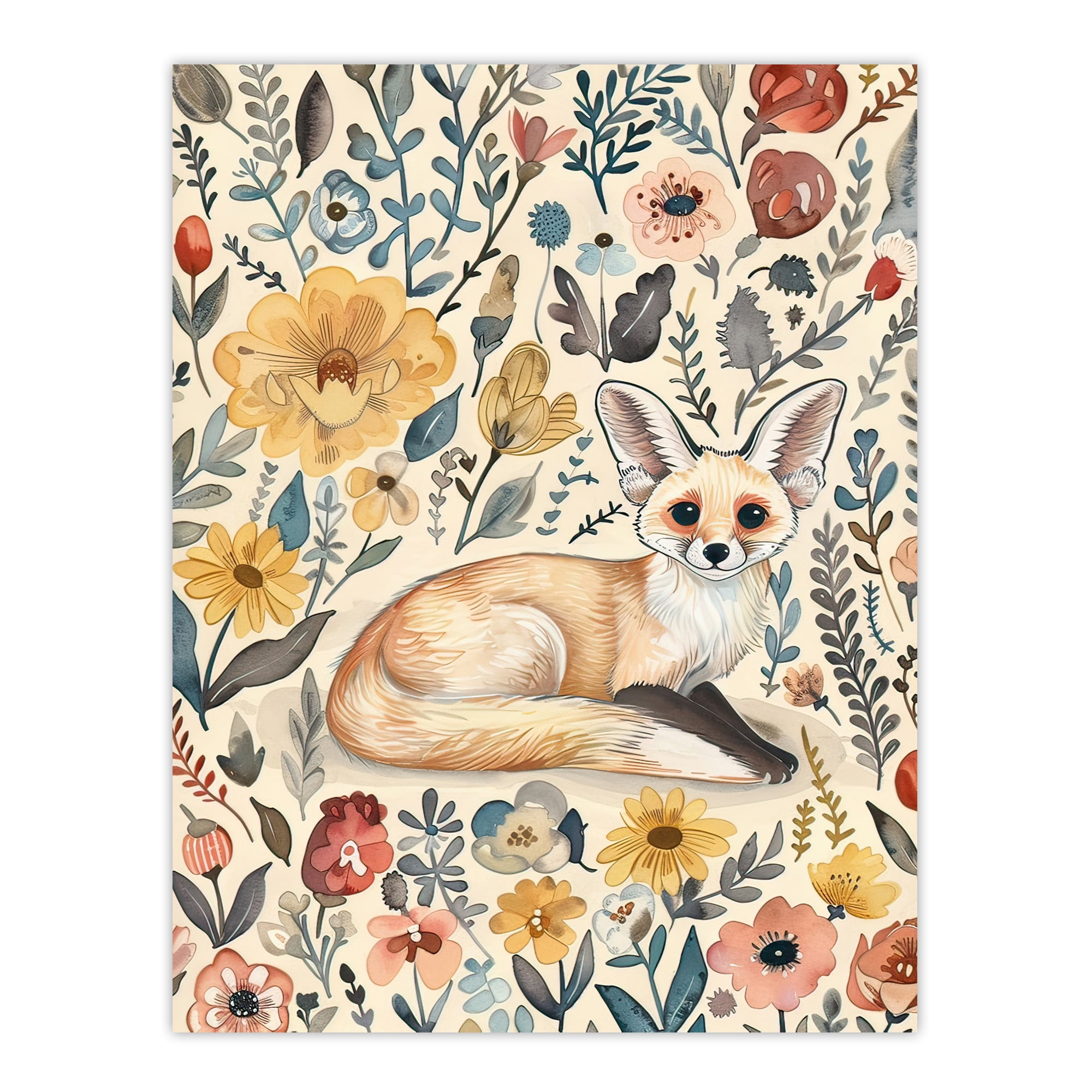 Artery8 Cute Fennec Fox Boho Flower Pattern Watercolour Kids Bedroom ...