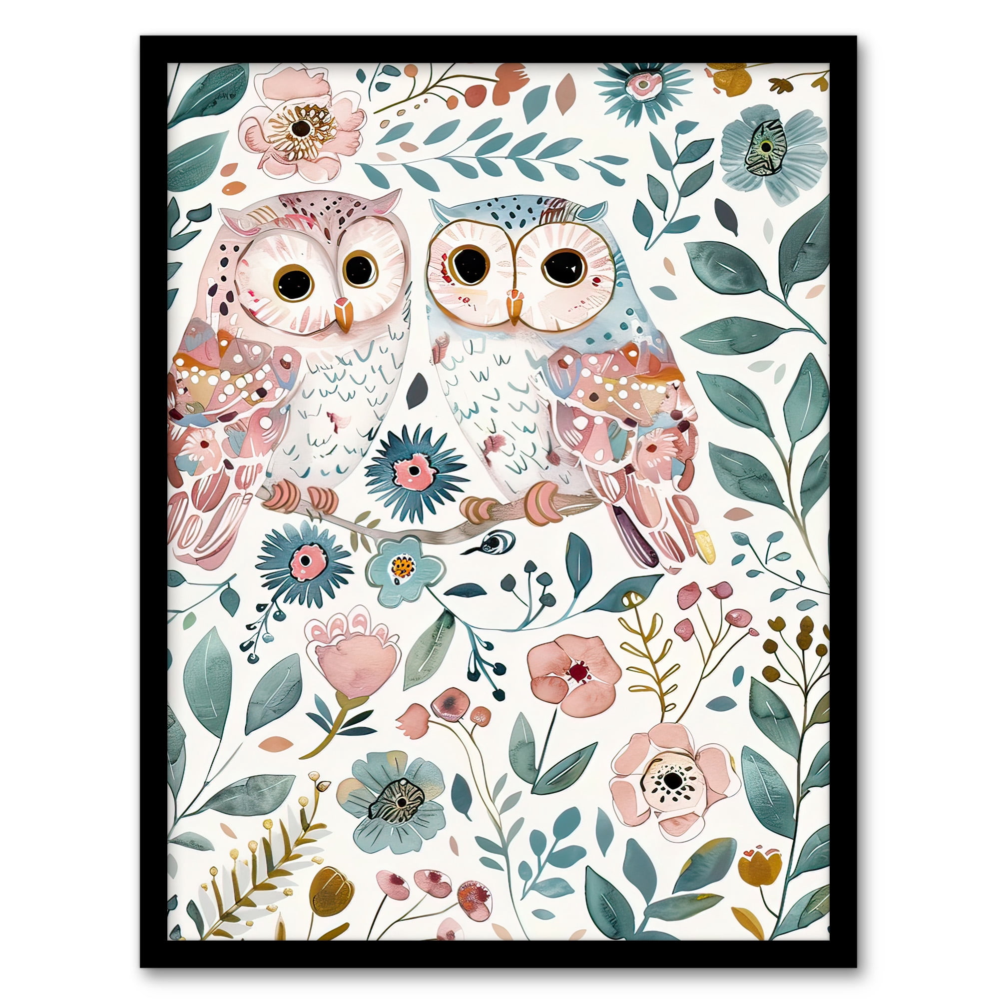 Artery8 Cute Owl Couple Pastel Colour Floral Watercolour Living Room ...