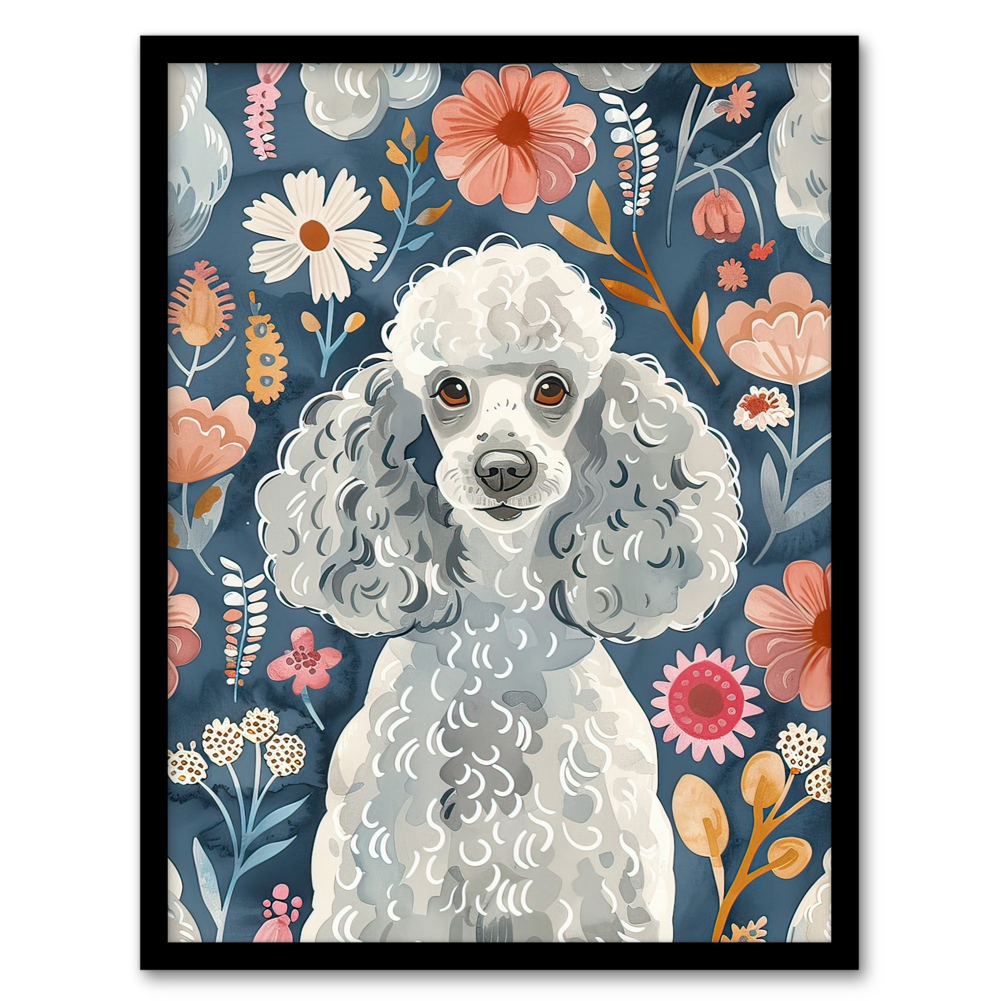 Artery8 Cute Poodle Floral Portrait Blue Pink Dog Lover Living Room Art ...