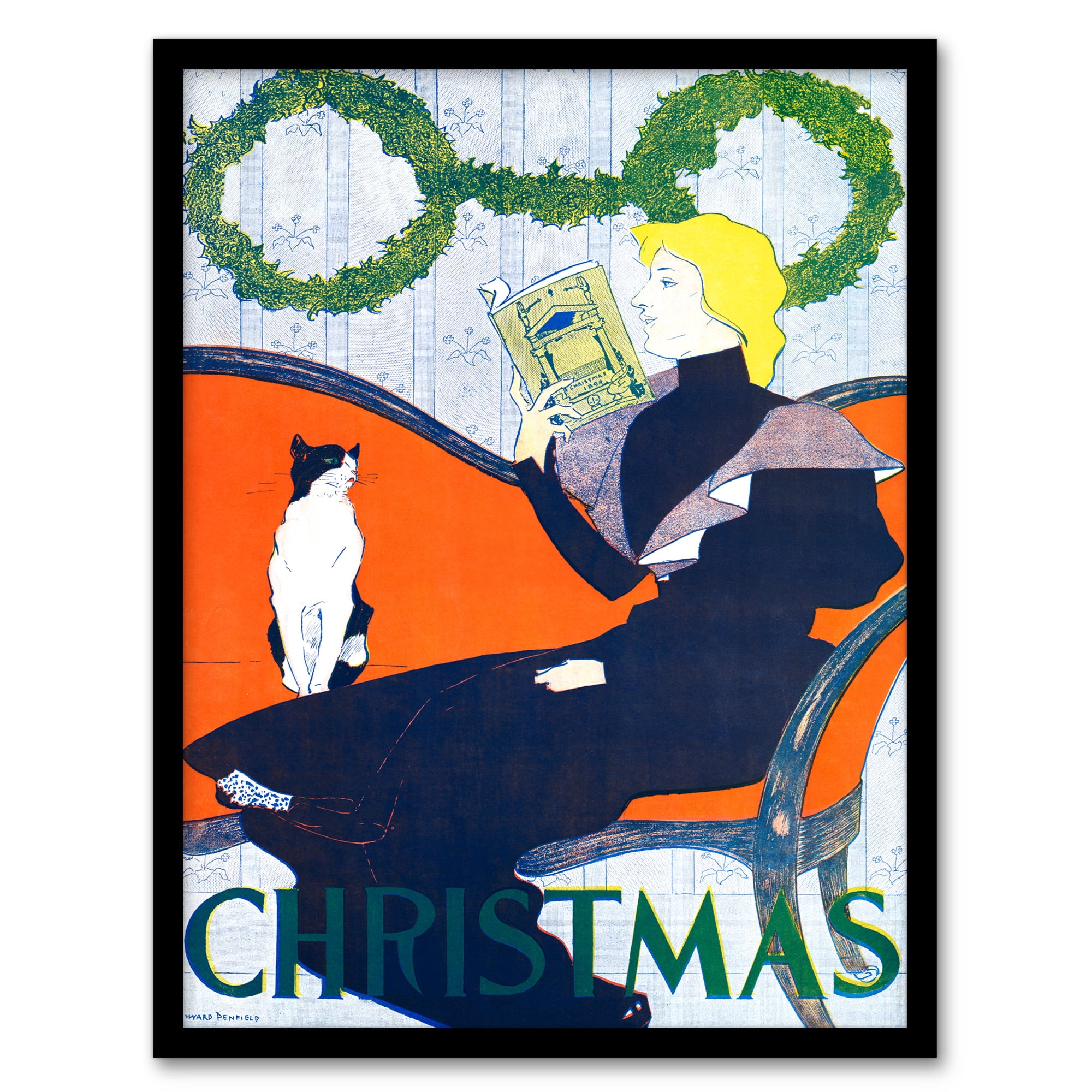 Artery8 Edward Penfield Vintage Christmas Woman With Cat Framed Wall ...