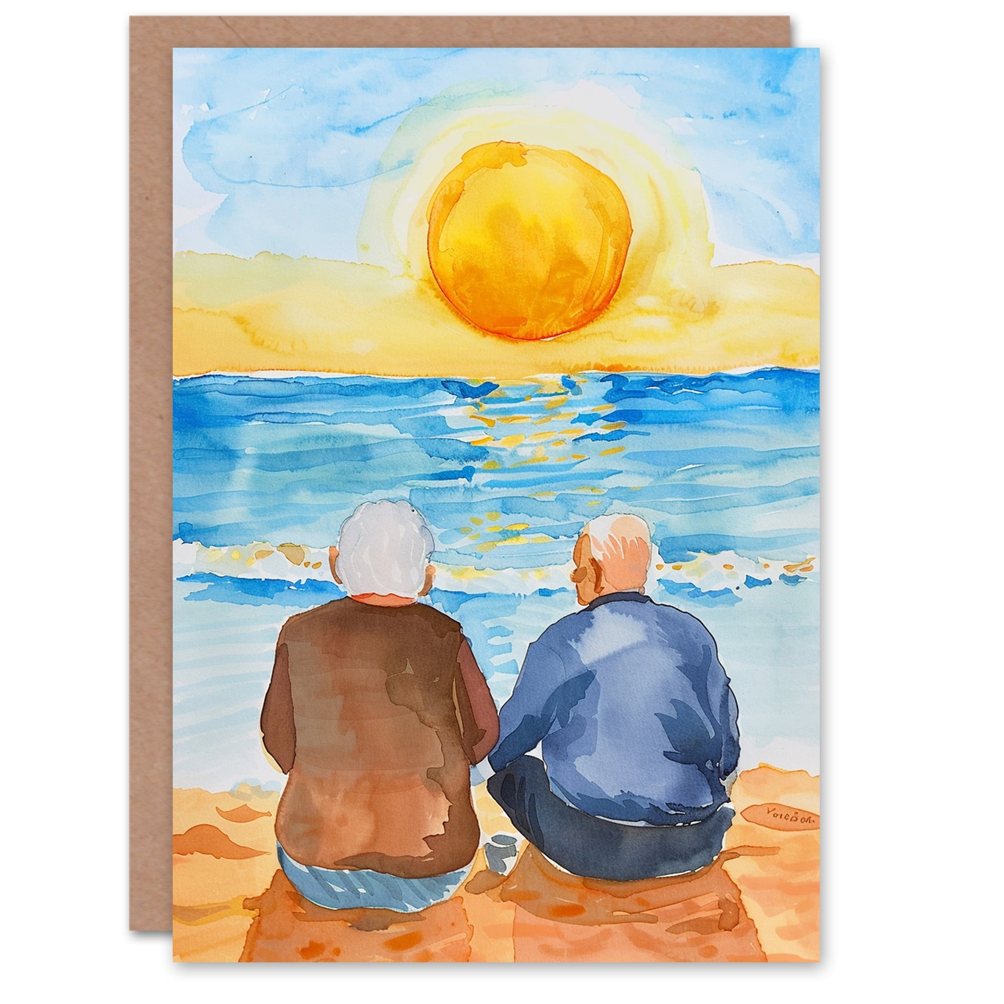 Artery8 Elderly Couple Watching Sunset Beach Watercolour Blank For Him ...