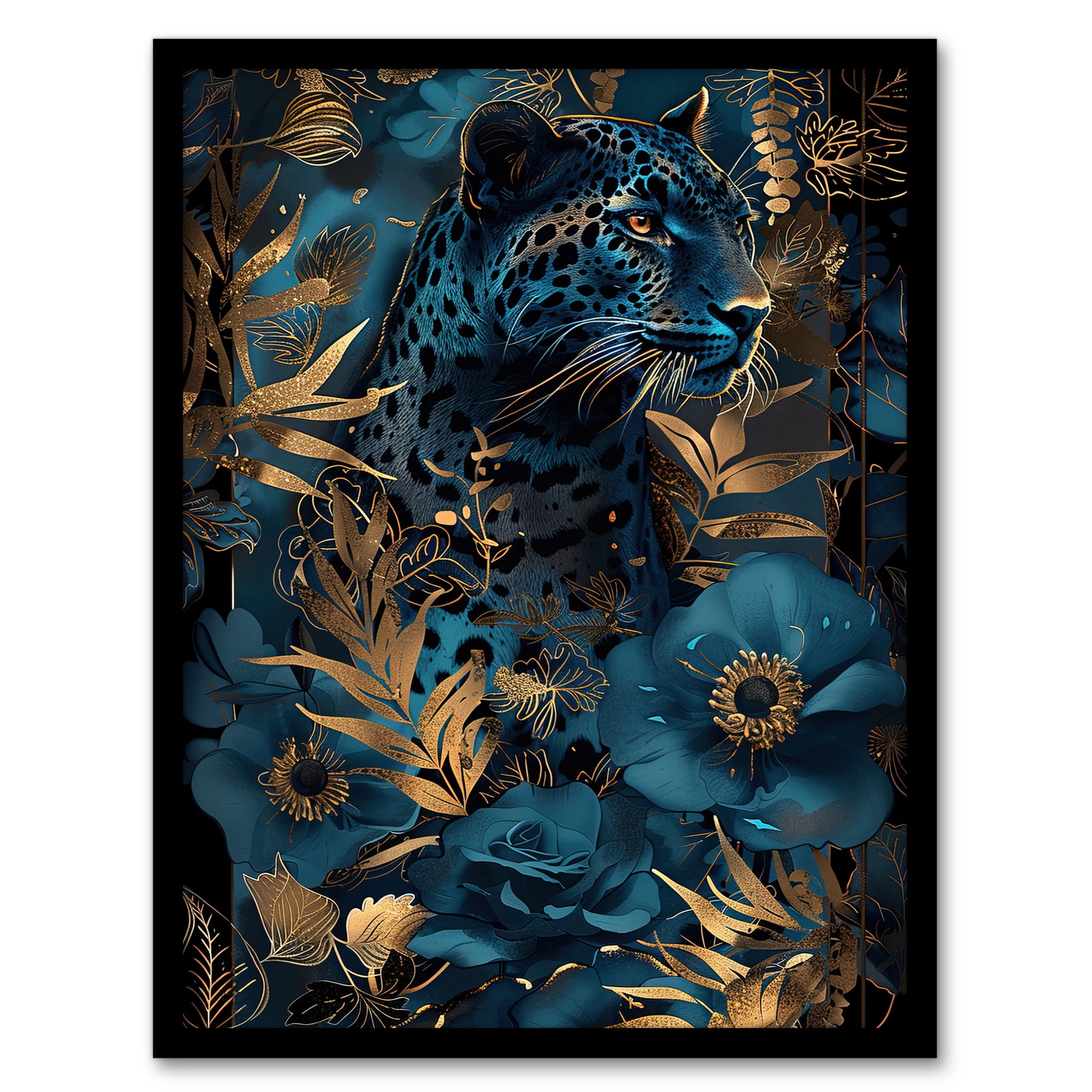 Artery8 Elegant Cheetah With Blue Gold Jungle Flowers Living Room ...