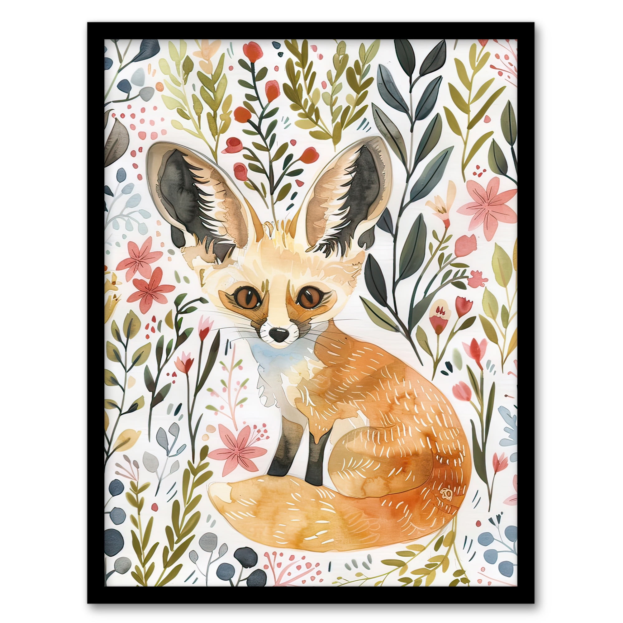 Artery8 Fennec Fox Boho Floral Watercolour Portrait Living Room Art ...