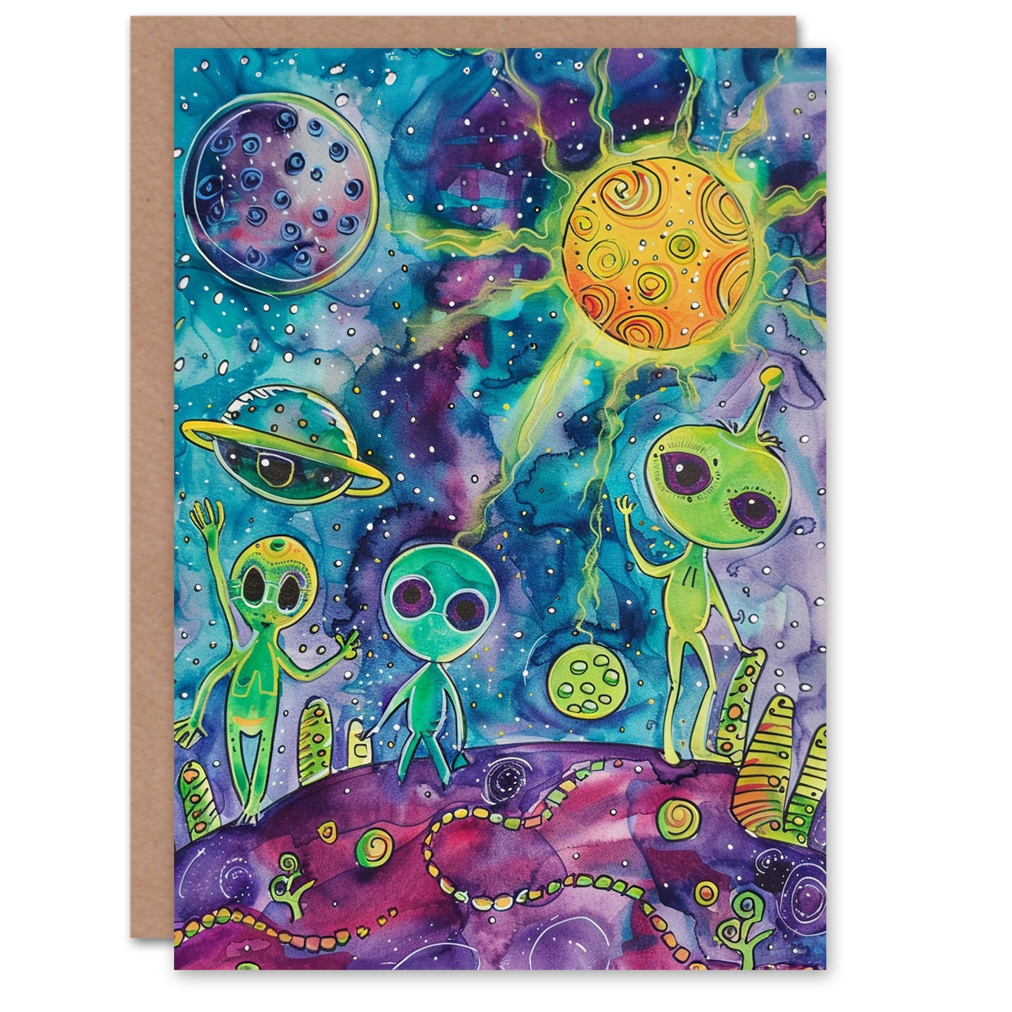 Artery8 Friendly Happy Space Aliens Planets Watercolour Blank For Him ...