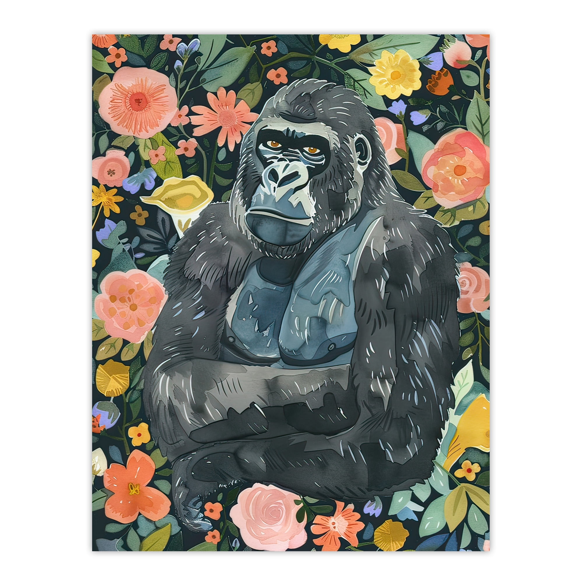 Artery8 Gorilla Ape in Floral Jungle Watercolour Portrait Living Room ...