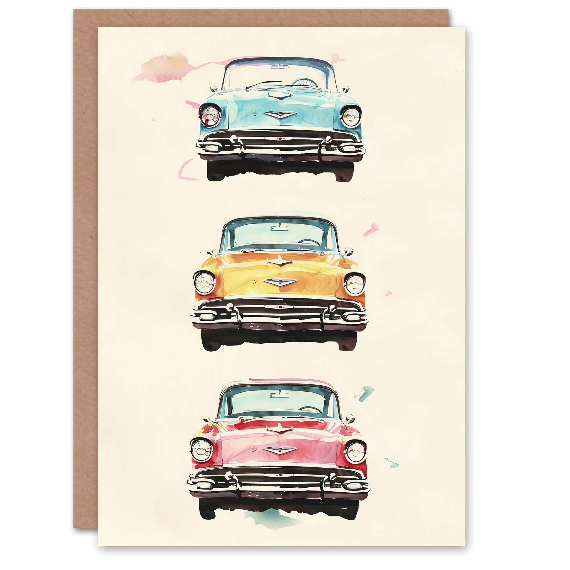 Artery8 Greeting Card 3 Three Classic Vintage Cars Watercolour Modern ...