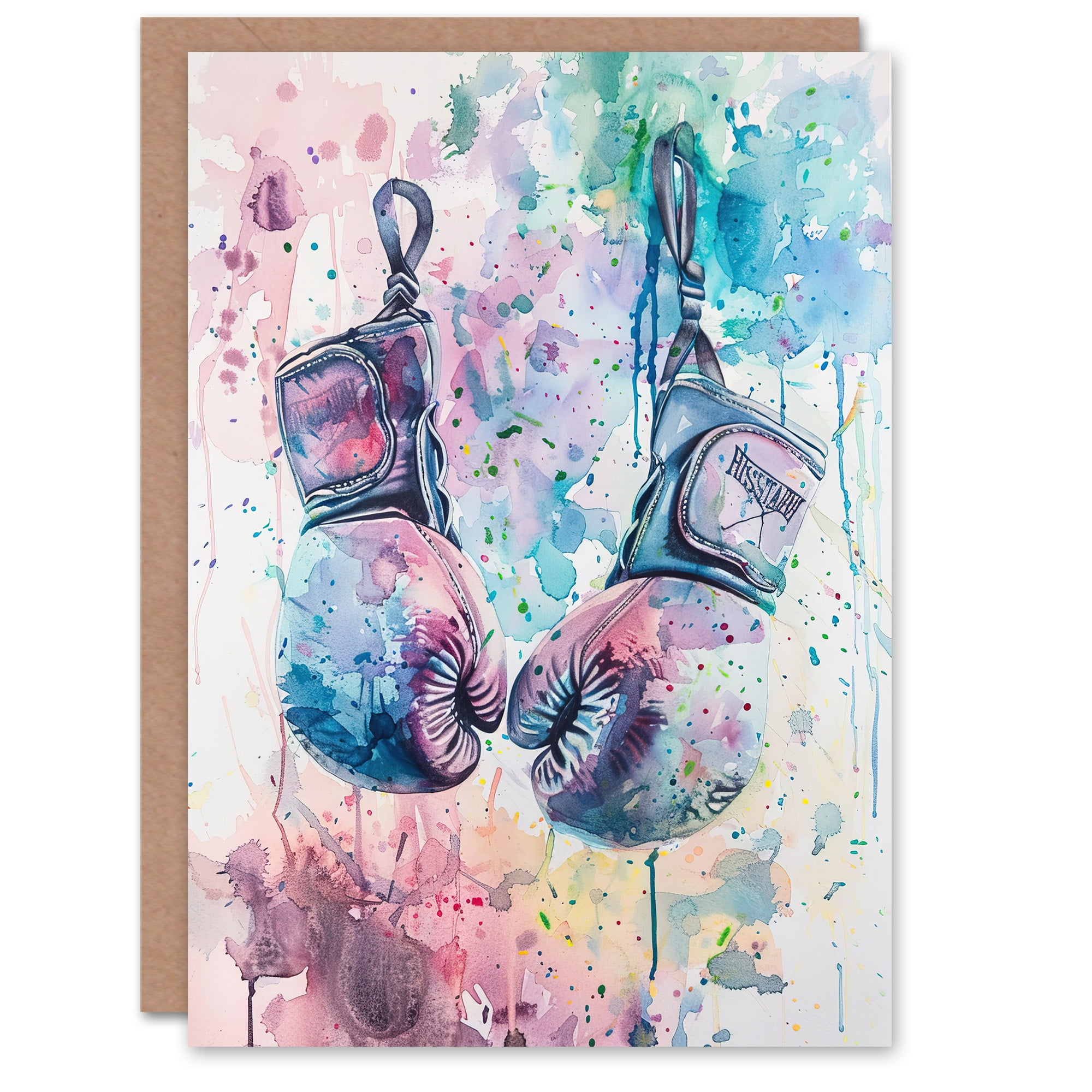 Artery8 Greeting Card Boxing Gloves Pastel Watercolour Splash Painting ...