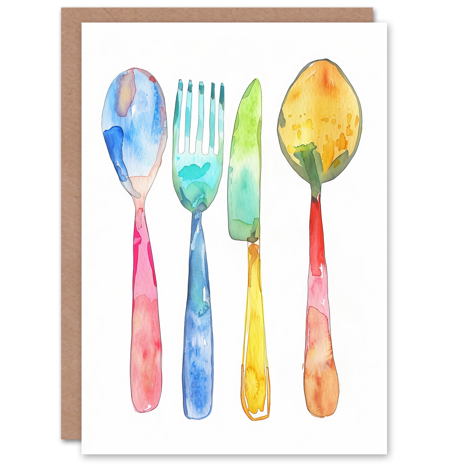 Artery8 Greeting Card Colourful Cutlery Fork Knife Spoon Watercolour ...