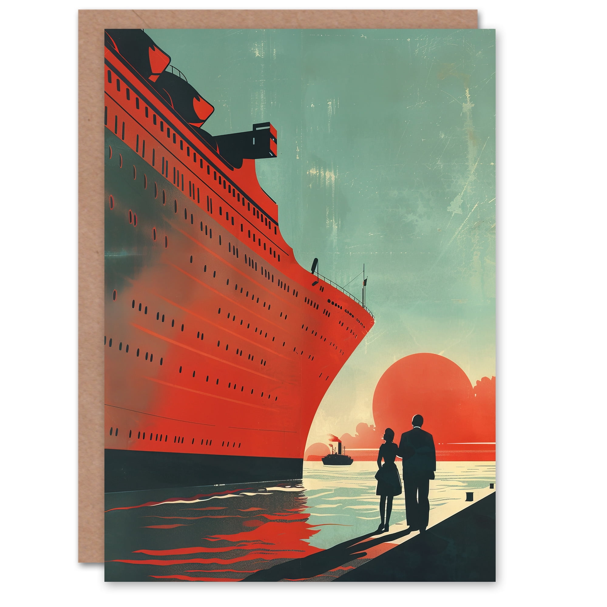 Artery8 Greeting Card Cruise Ship Sunset Harbour Red Blue Travel Advert ...