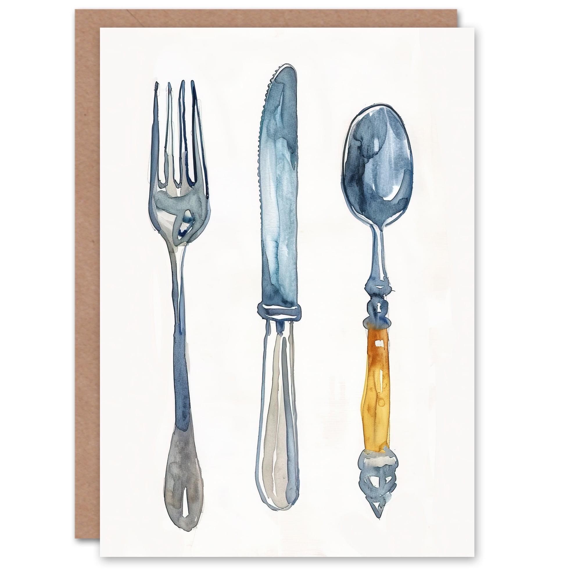 Artery8 Greeting Card Cutlery Fork Spoon and Knife Bright Watercolour ...