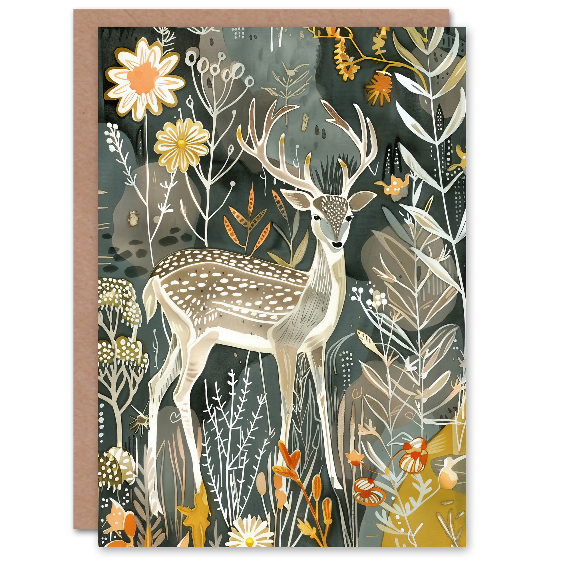 Artery8 Greeting Card Deer in Autumn Forest Wildflowers Animal Folk Art ...