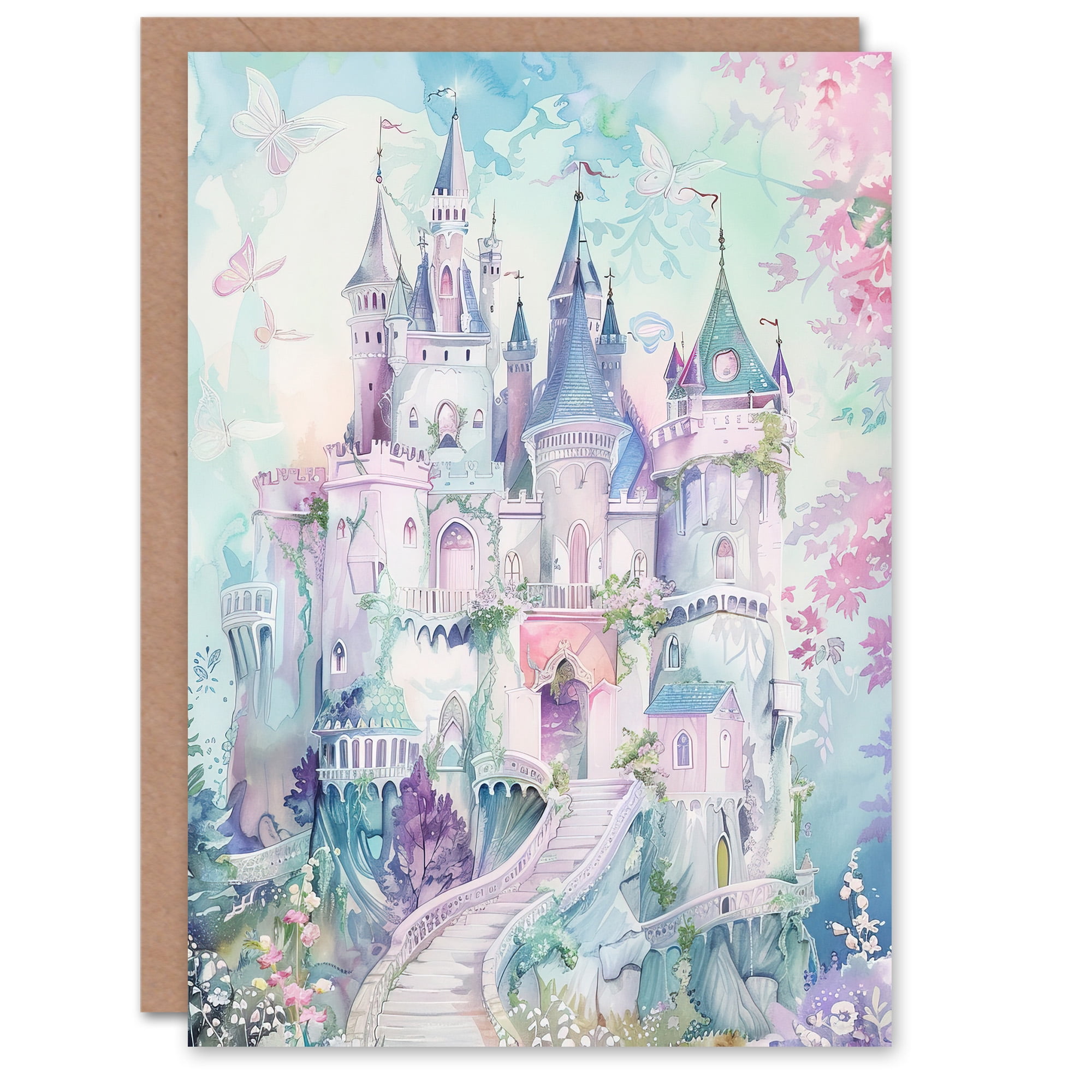 Artery8 Greeting Card Fairy Tale Princess Castle Pastel Colour Fantasy ...