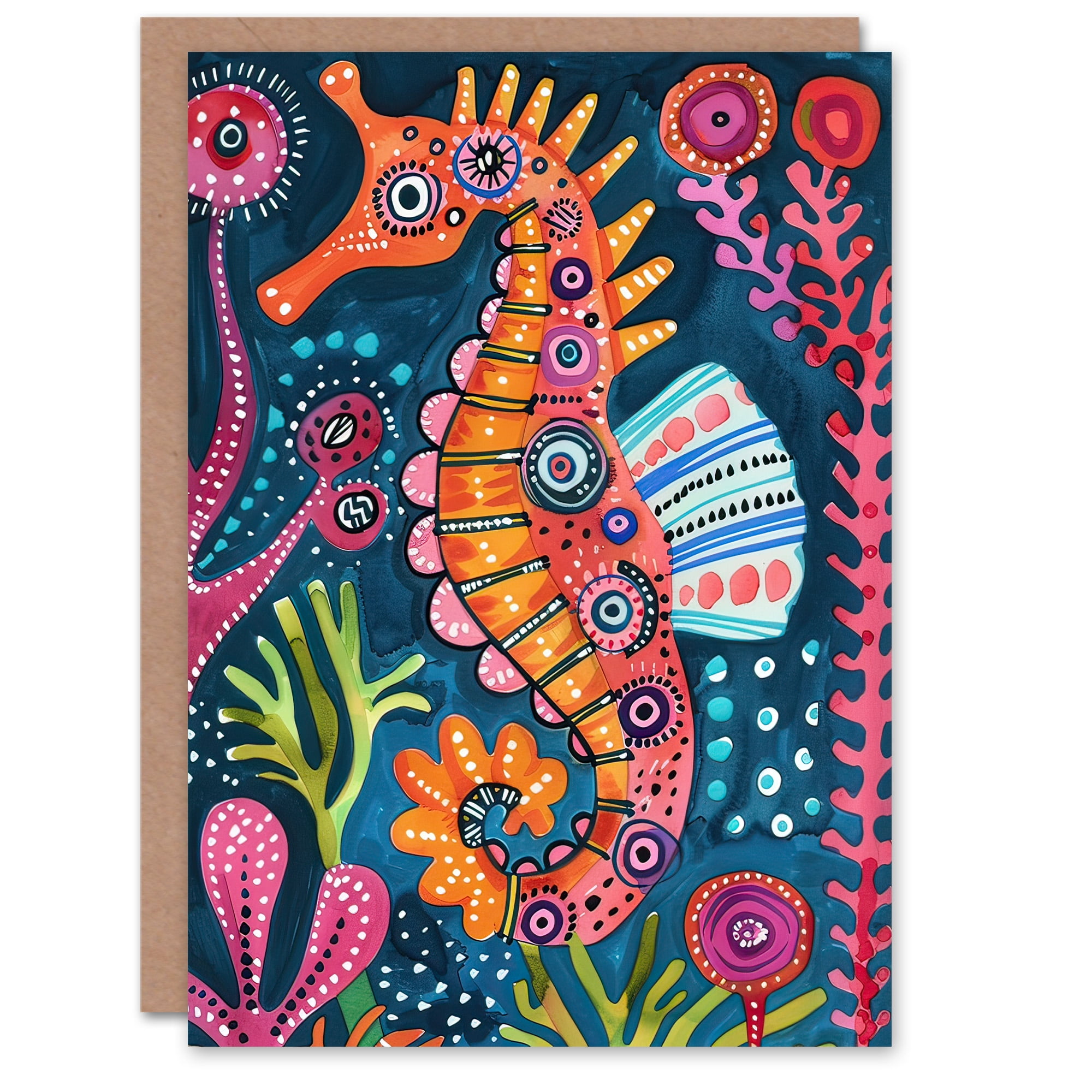 Artery8 Greeting Card Folk Art Pattern Seahorse Orange Pink Coral Reef ...