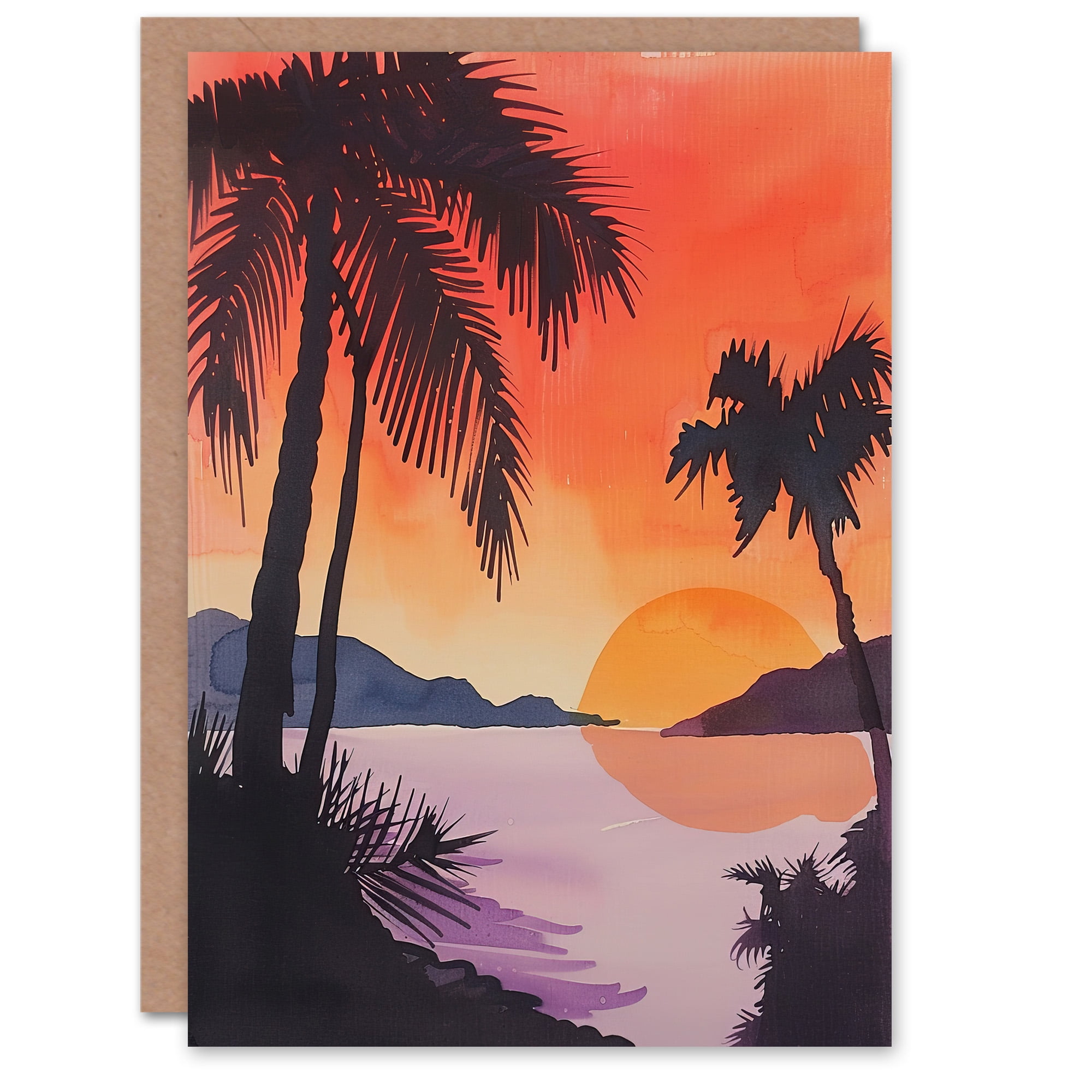 Artery8 Greeting Card Hawaii Sunset Beach Cove Palm Trees Watercolour ...