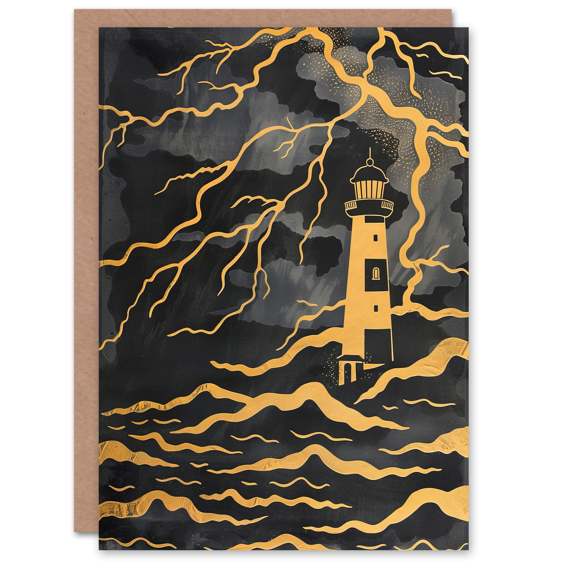 Artery8 Greeting Card Lighthouse Lightning Storm Gold Contrast Painting ...