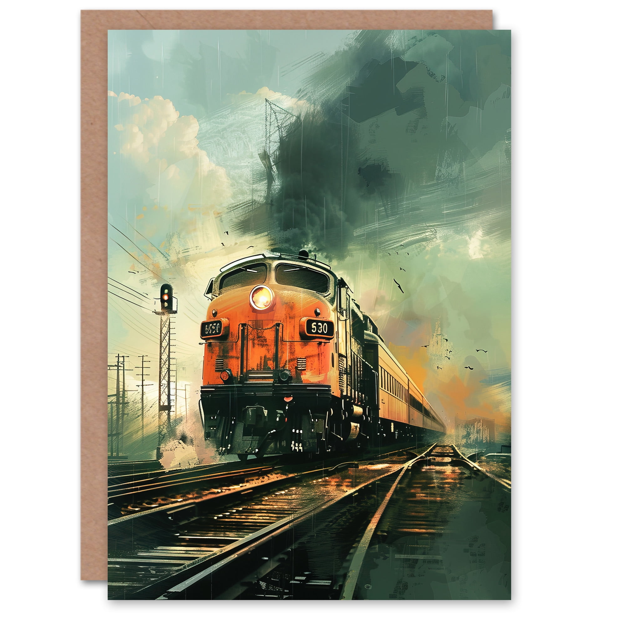 Artery8 Greeting Card Locomotive Train Front View Railway Painting ...