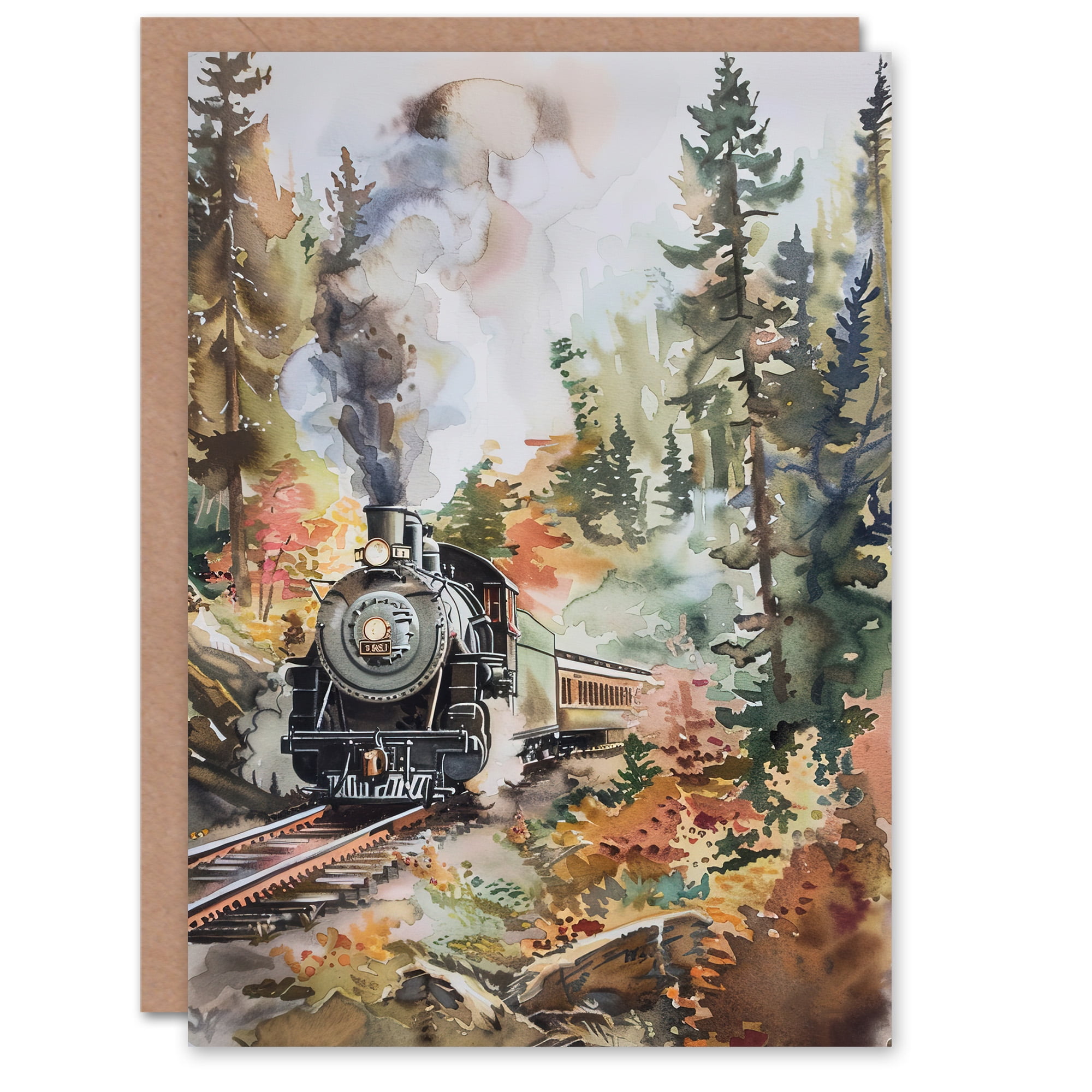 Artery8 Greeting Card Locomotive Train on Autumn Forest Railway Track ...