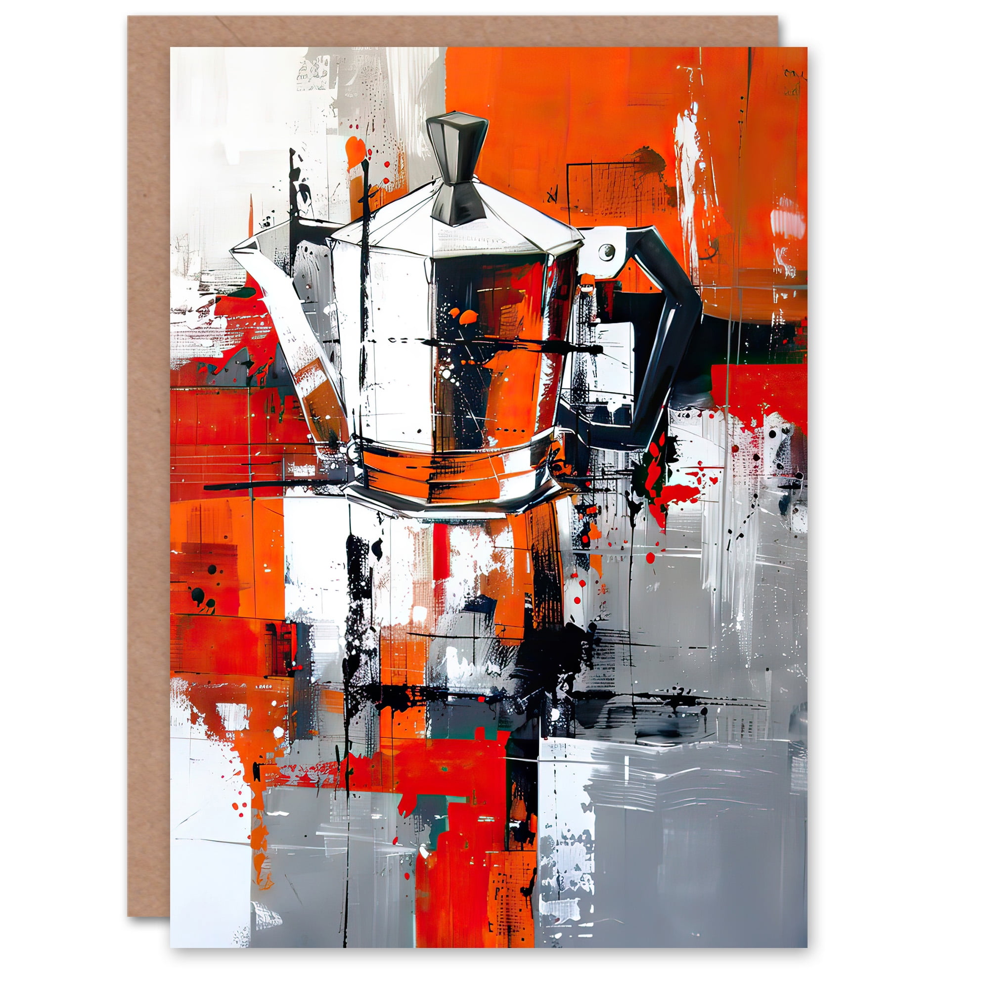 Artery8 Greeting Card Moka Coffee Pot Abstract Orange Grey Painting ...