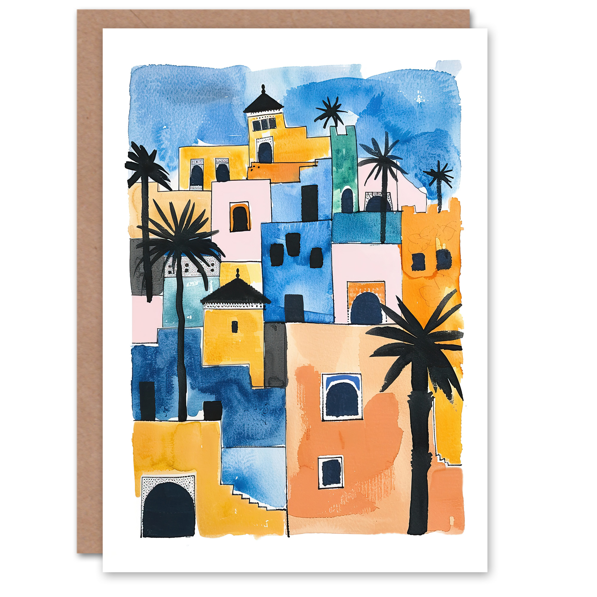 Artery8 Greeting Card Morocco African Cityscape Blue Orange Watercolour ...