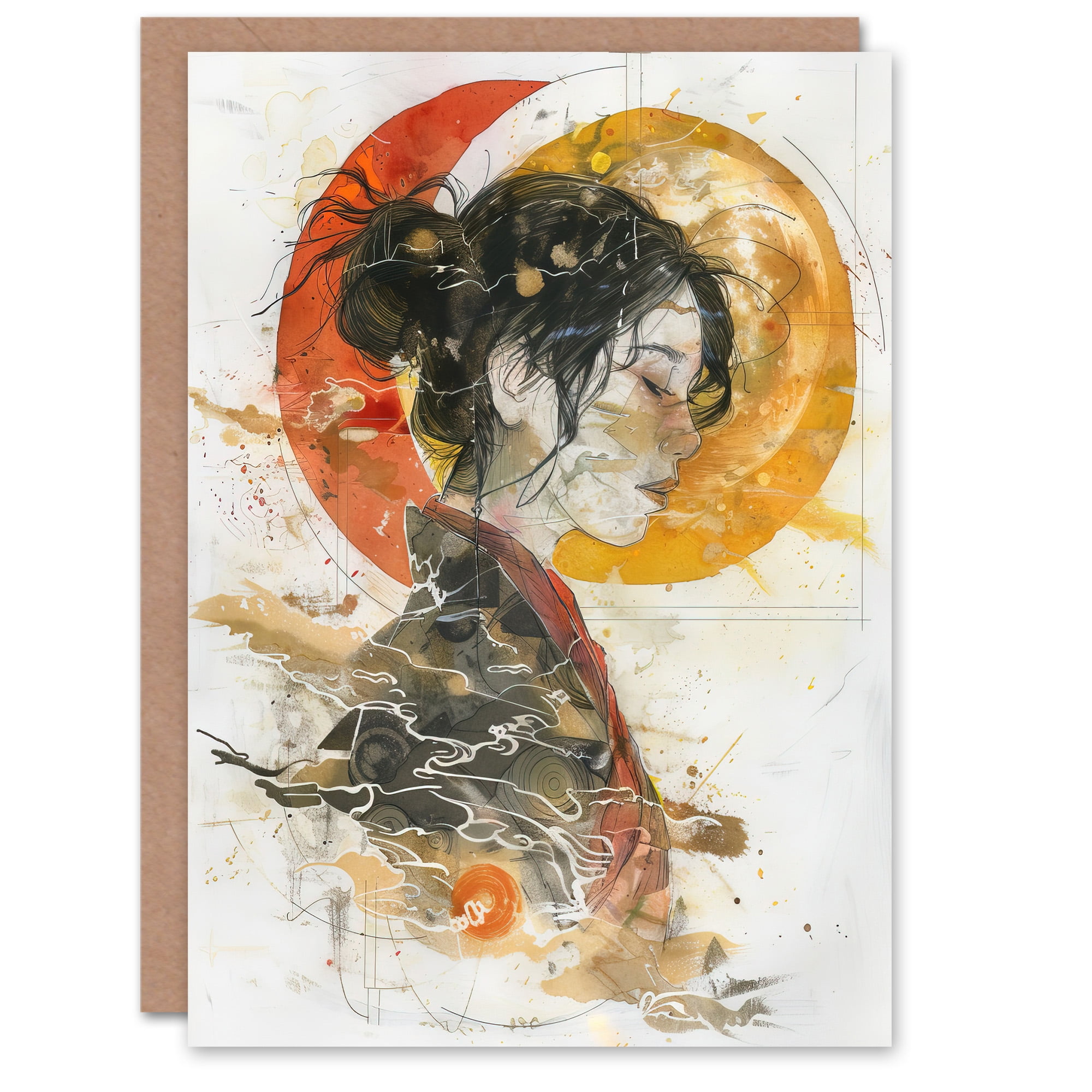 Artery8 Greeting Card Otaku Female Samurai Watercolour Portrait Blank ...
