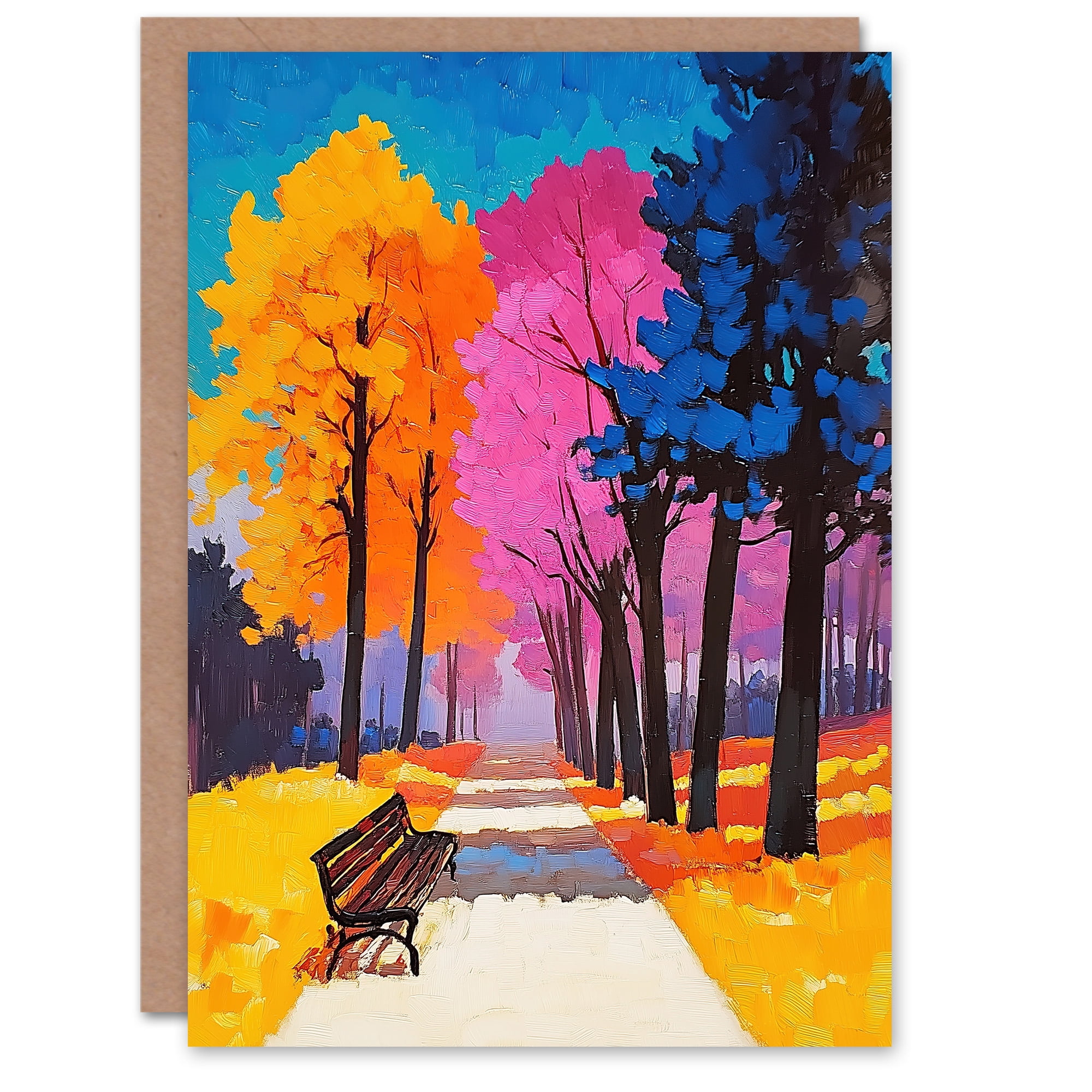 Artery8 Greeting Card Park Bench Colourful Tree Path Vibrant Landscape ...
