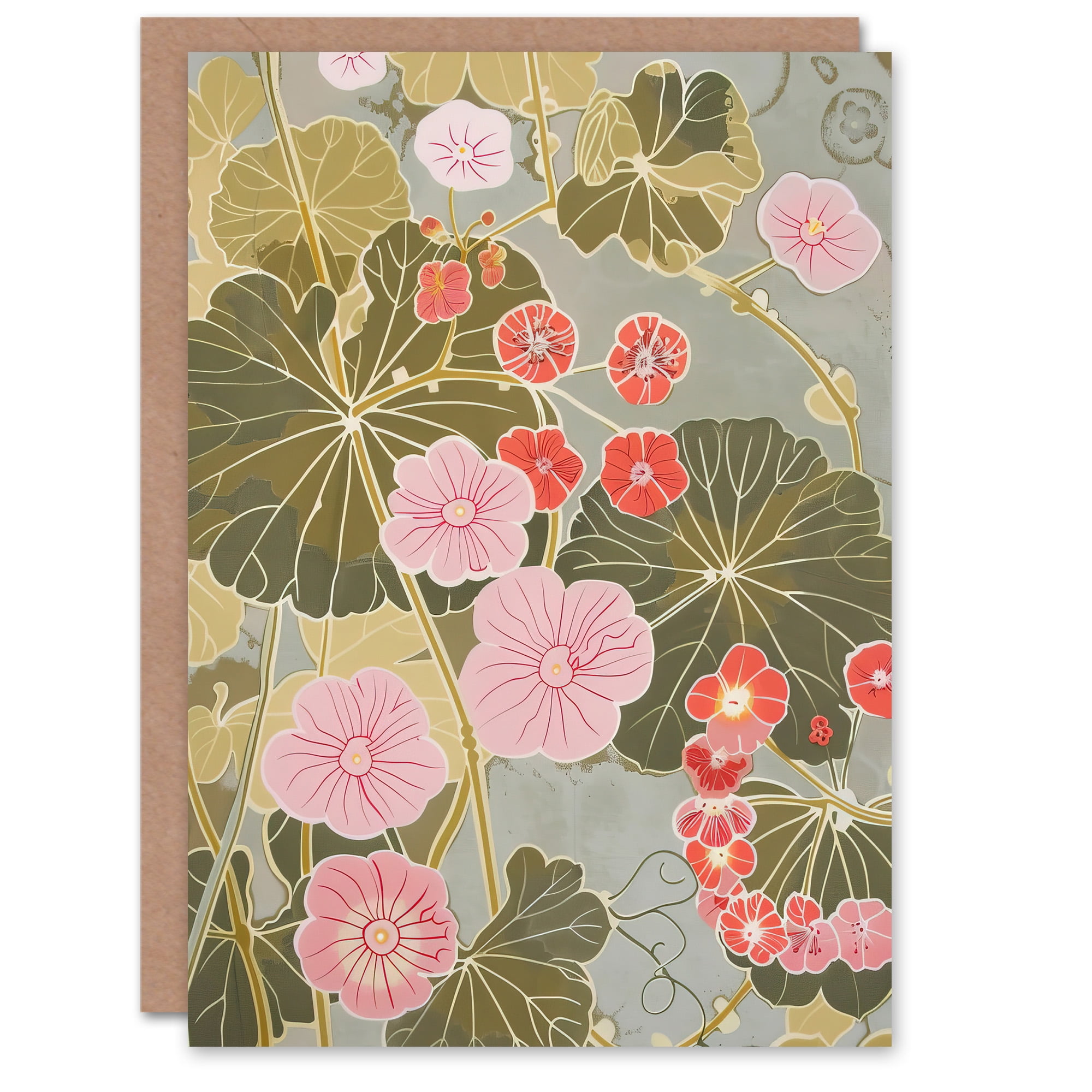 Artery8 Greeting Card Pink Geranium Flowers Artwork Pastel Foliage For ...