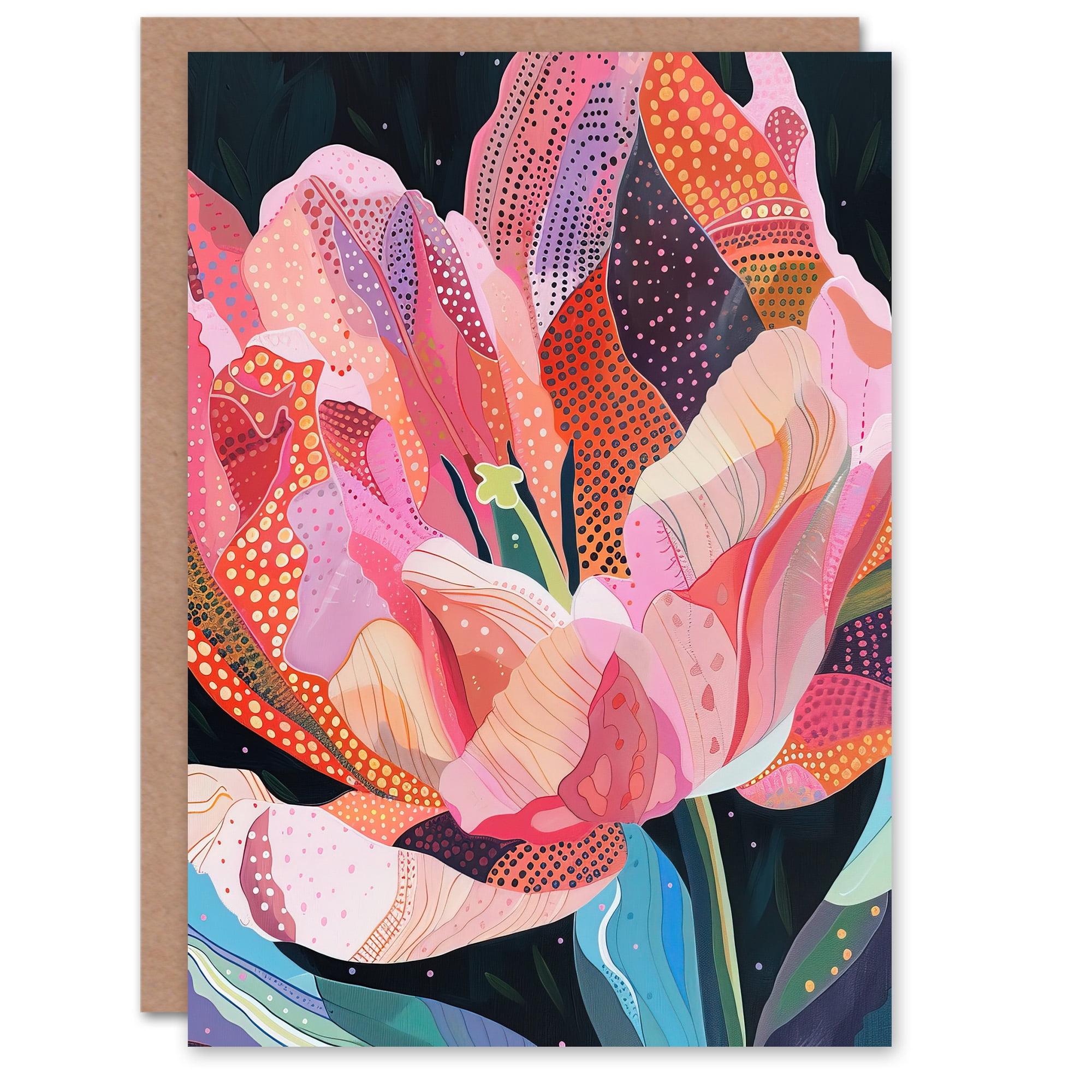 Artery8 Greeting Card Pink Trumpet Lily Flower Colourful Folk Patterns ...