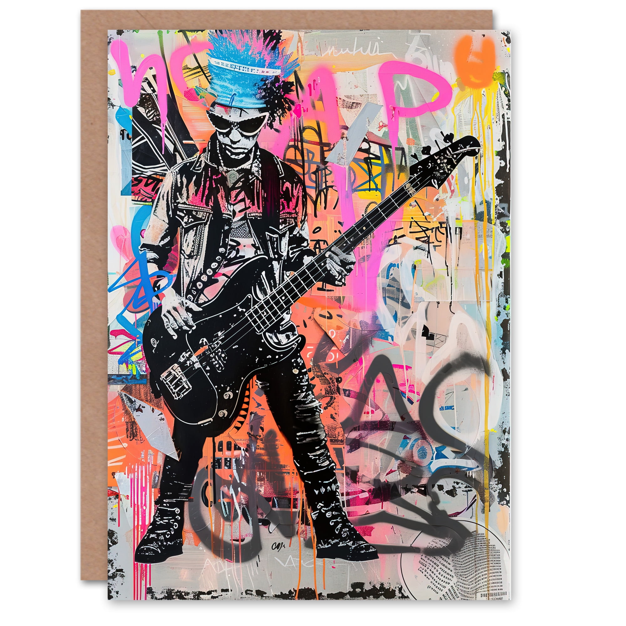 Artery8 Greeting Card Punk Music Bass Guitarist Colourful Street Art ...