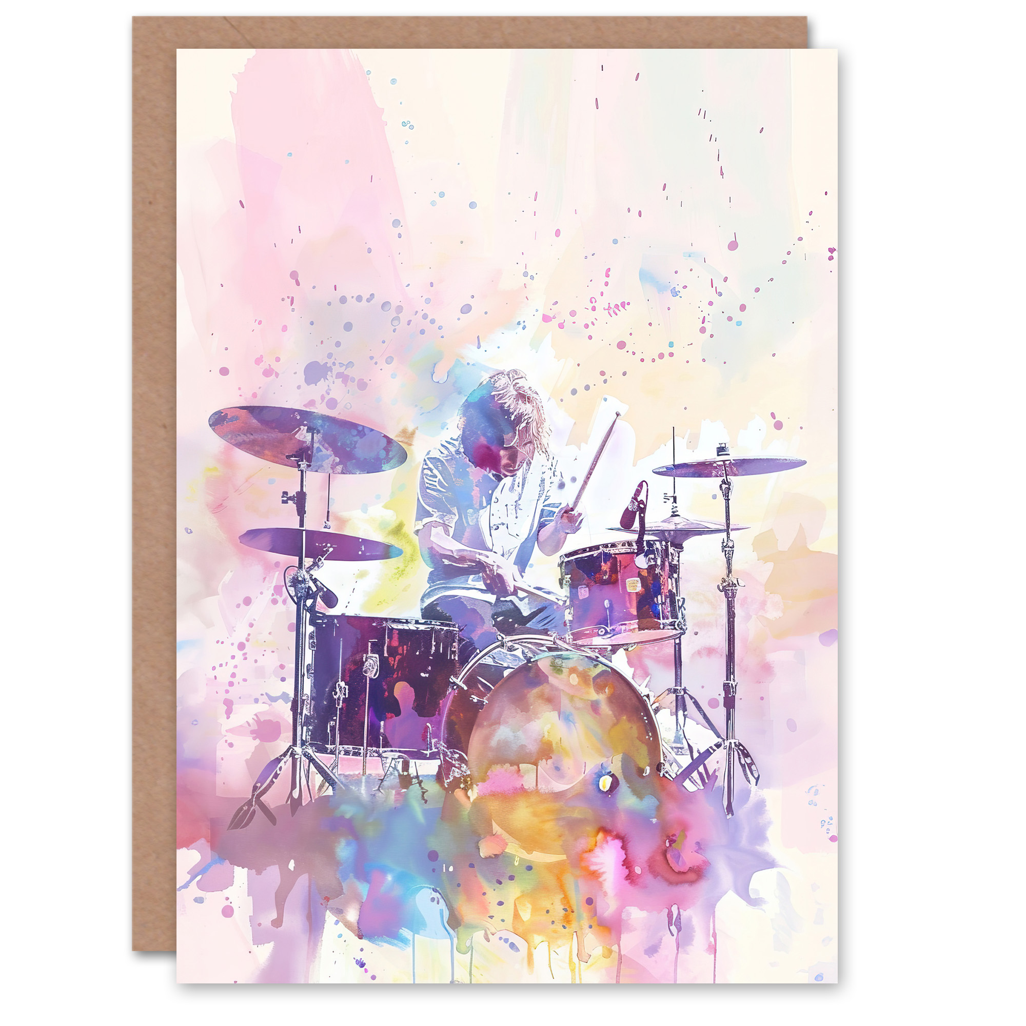 Artery8 Greeting Card Rainbow Modern Watercolour Portrait Drummer Drums ...
