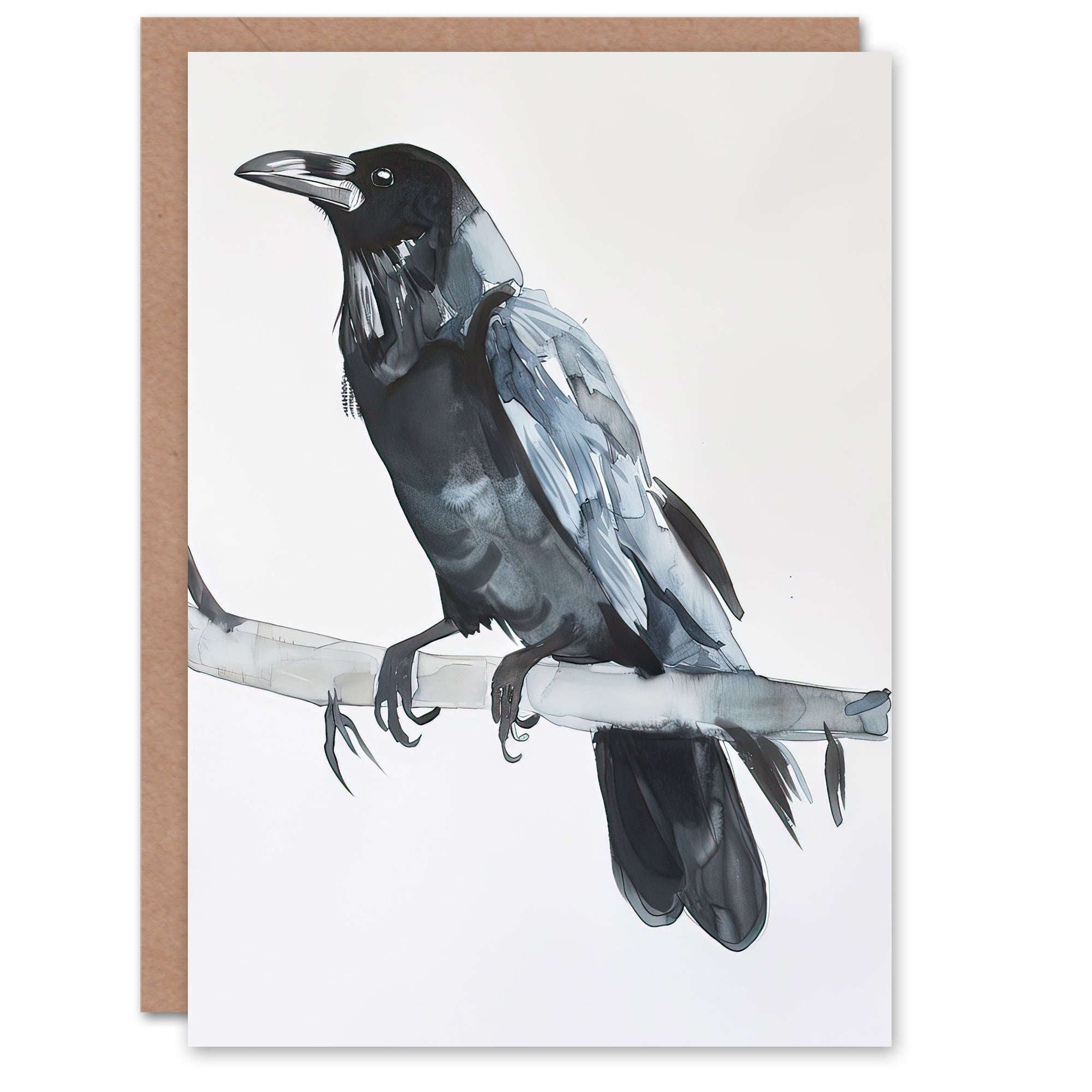 Artery8 Greeting Card Raven Bird on Tree Branch Bright Watercolour ...