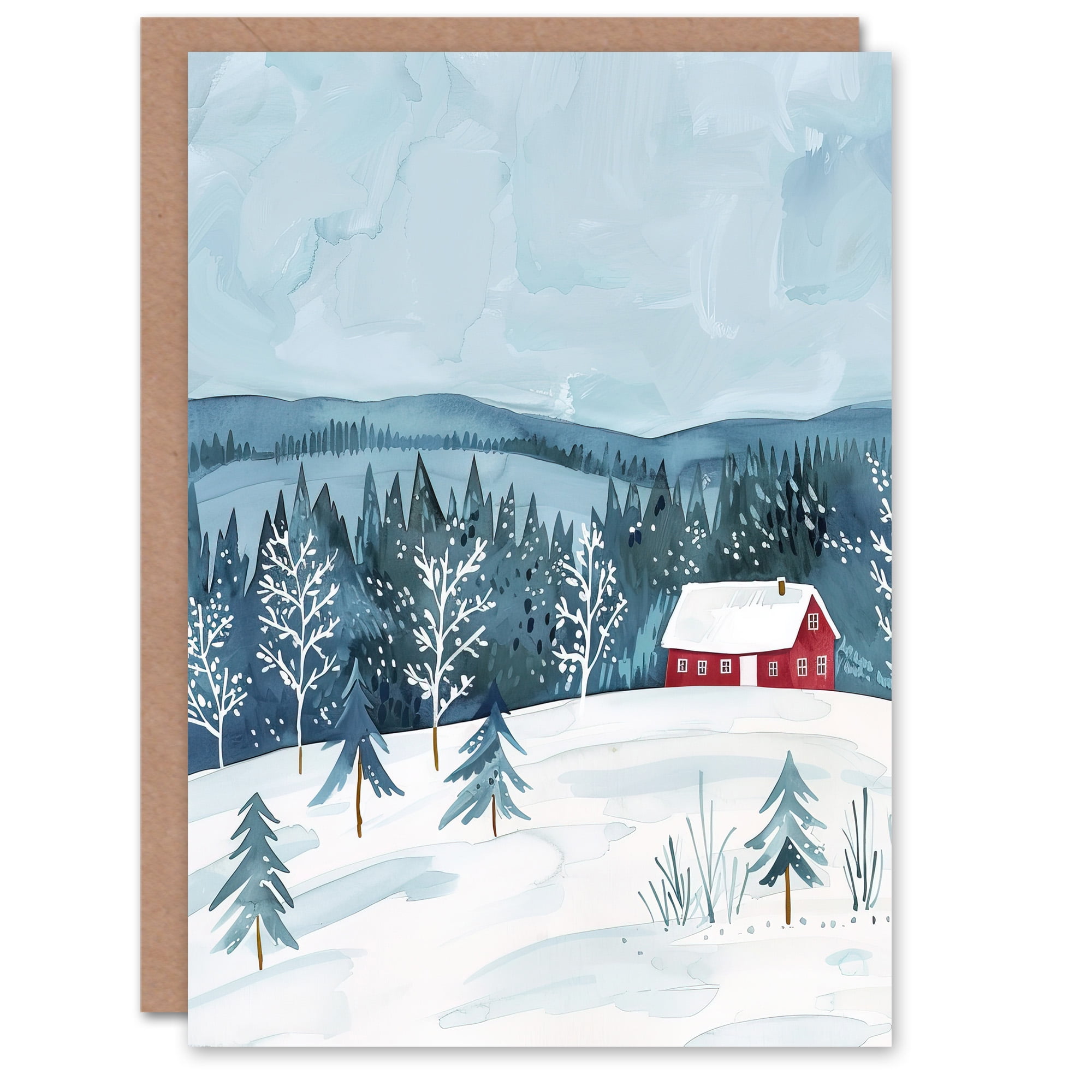 Artery8 Greeting Card Red Cottage in Winter Forest Landscape Folk Art ...